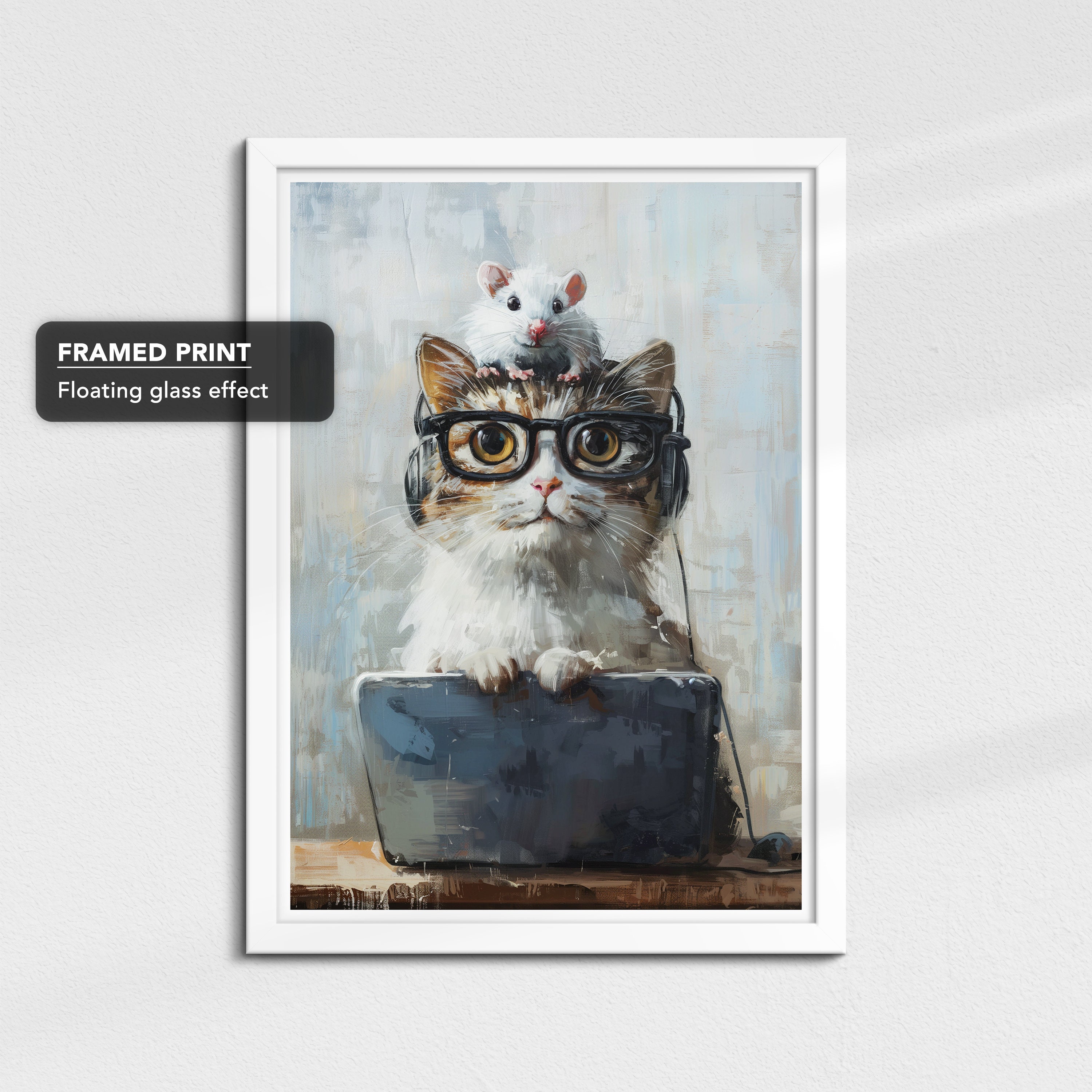 Colourful Cat Mouse Laptop Funny Painting Framed Poster Print & Framed ...