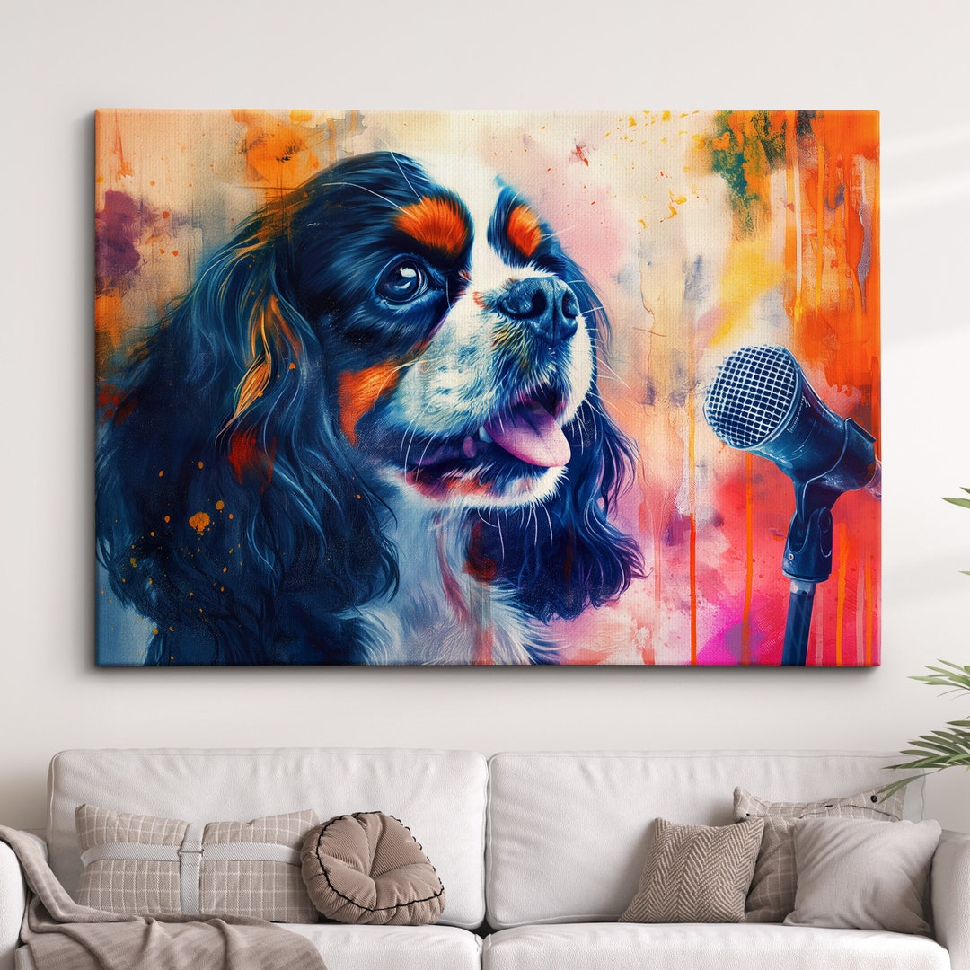 King Charles Spaniel Singing Microphone Painting Framed Poster Print ...