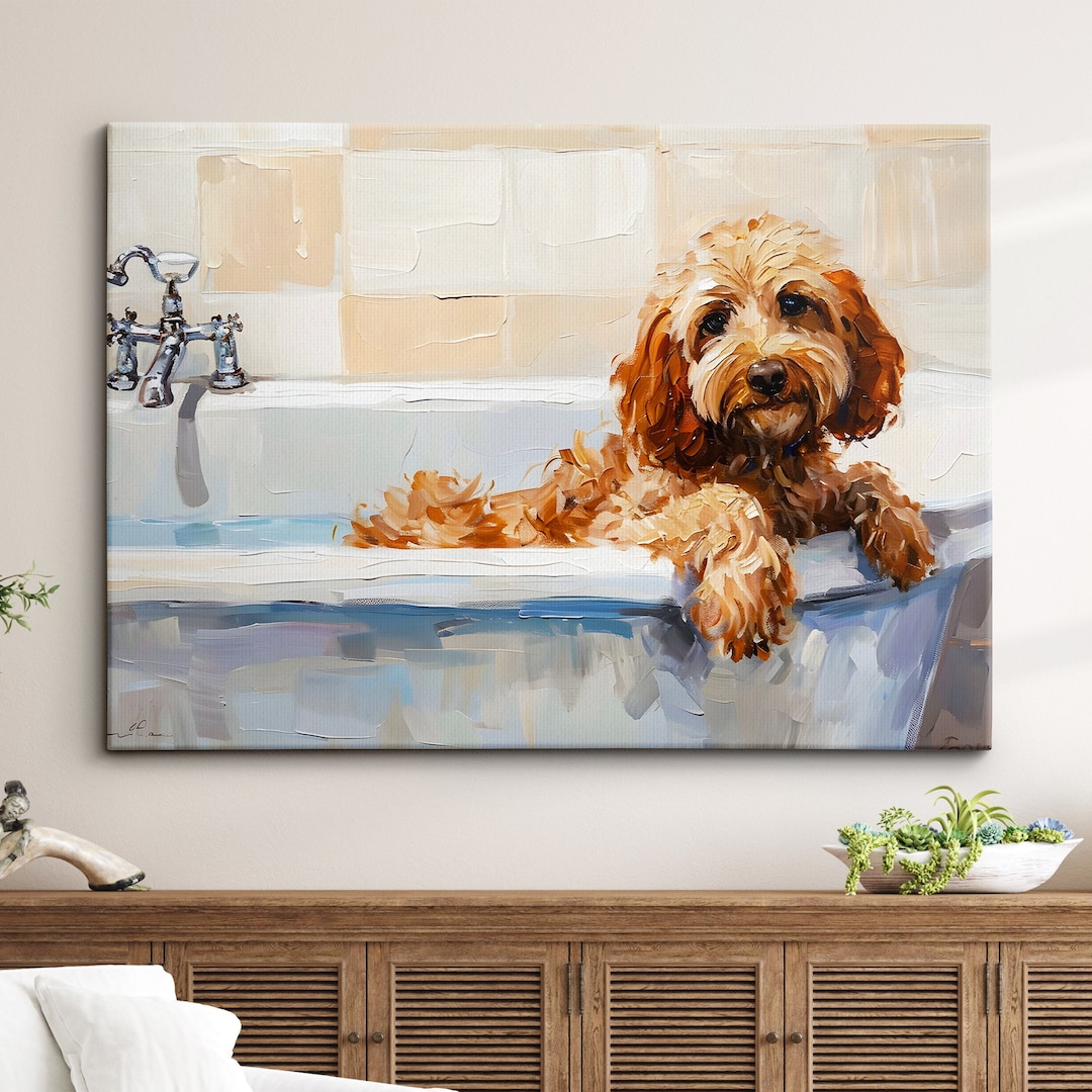 Cockapoo Bath Tub Dog Bathroom Oil Painting Framed Poster Print or ...