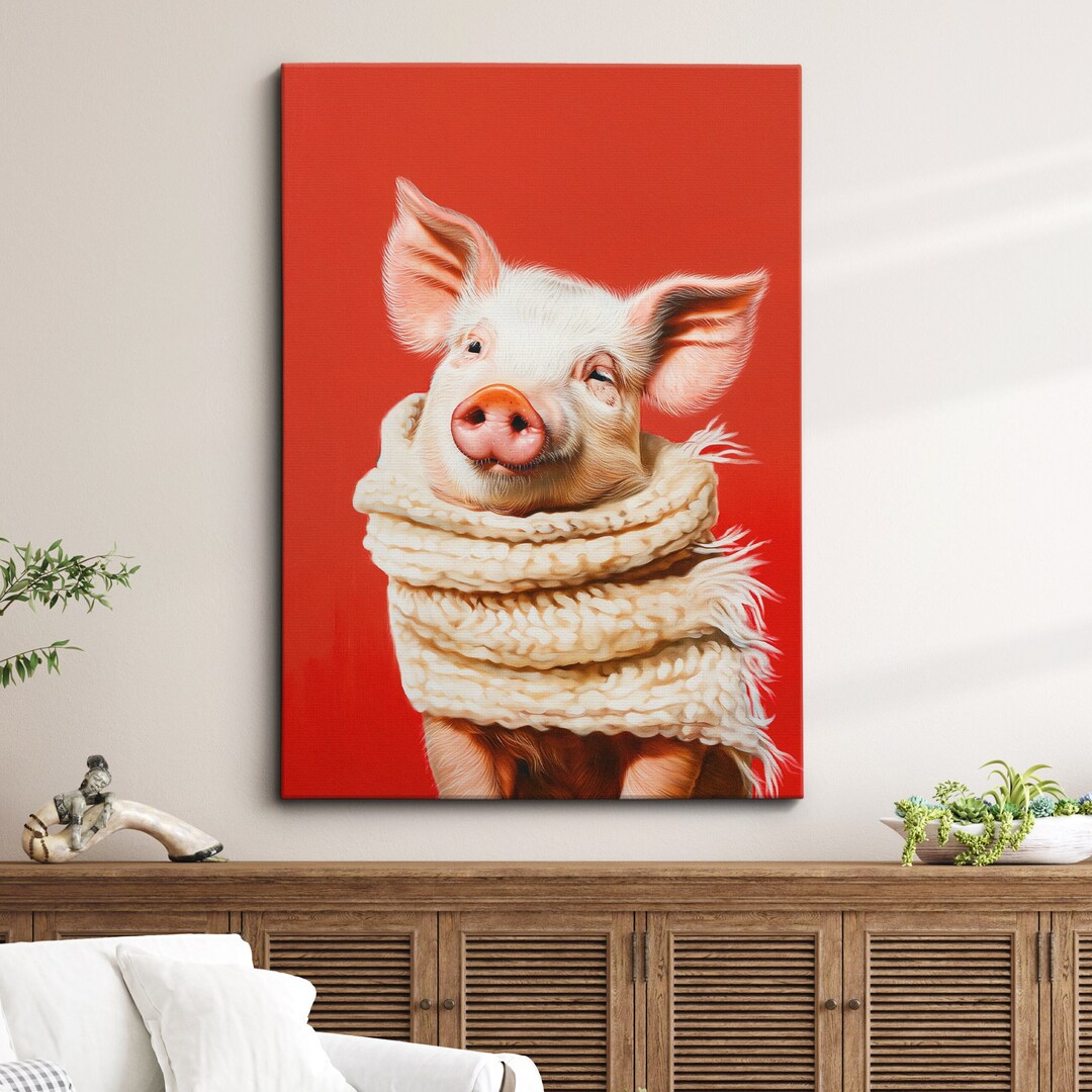 Pig Wearing Beige Scarf Framed Poster Print & Framed Canvas Wall Decor ...