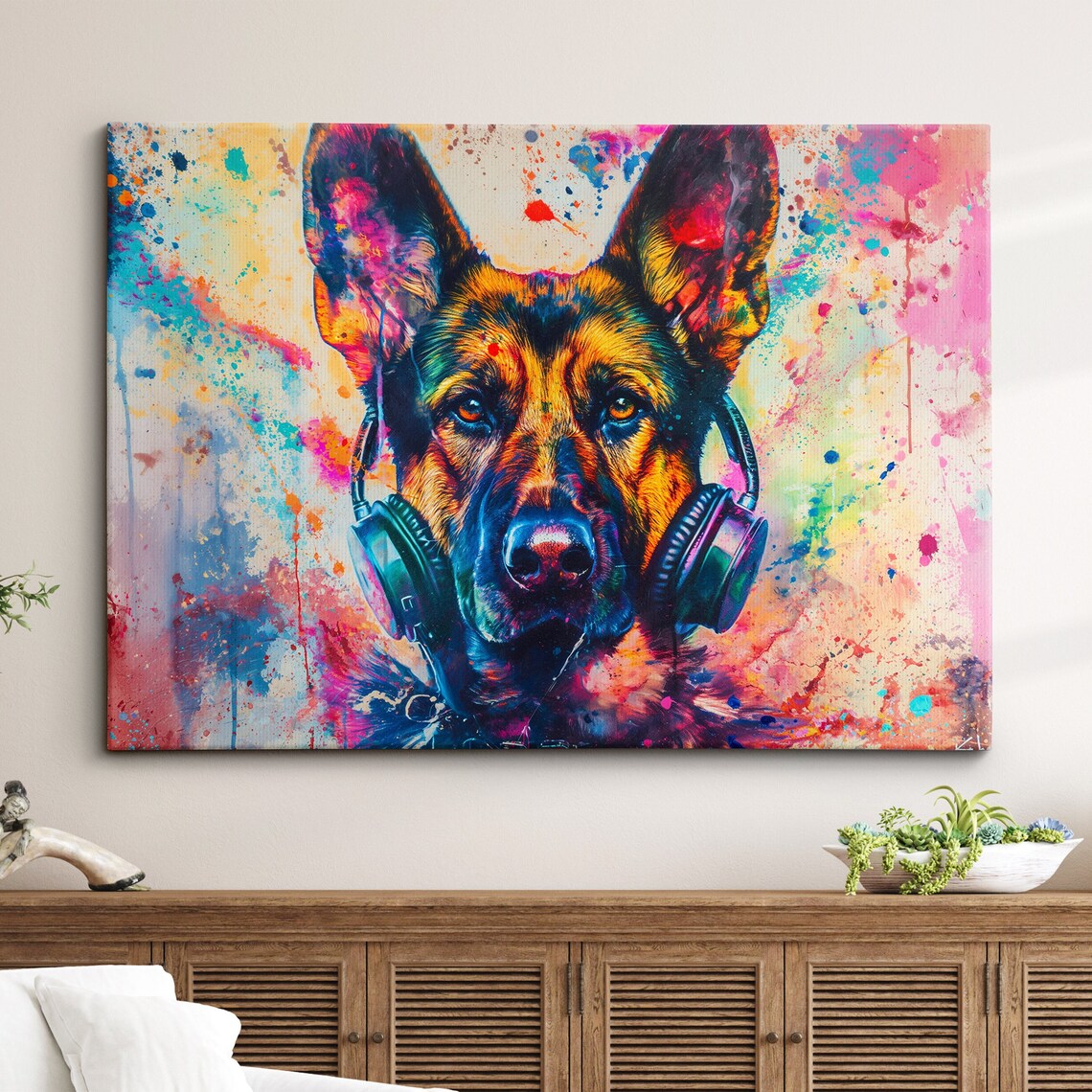 German Shepherd DJ Headphones Painting Framed Poster Print & Framed ...
