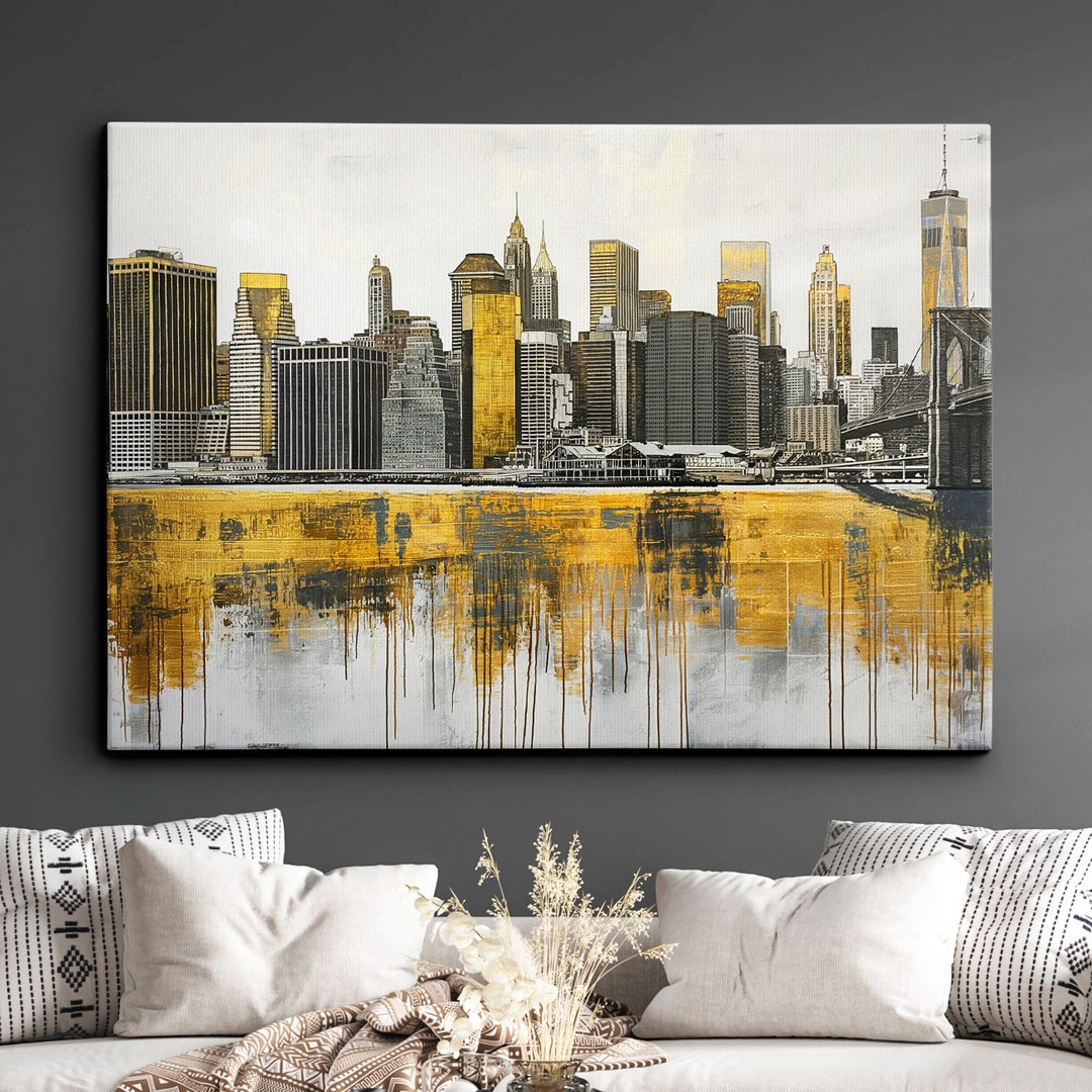 New York City Skyline Gold Landmark Abstract Oil Painting Framed Poster ...