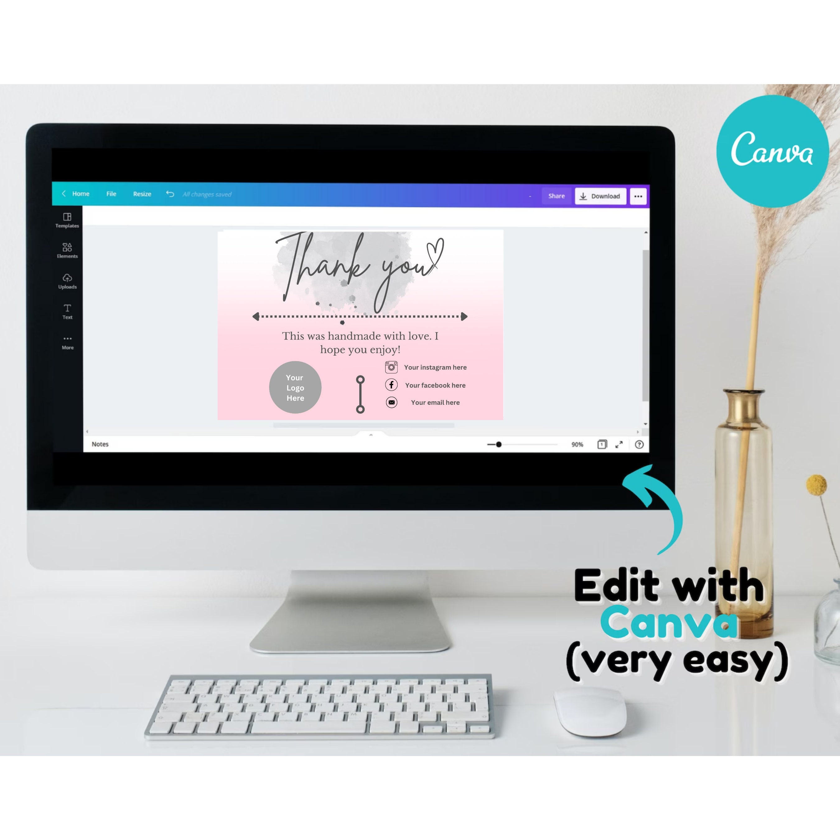 Editable With CANVA Pink and Gray DIY Insert Thank You Card Template ...