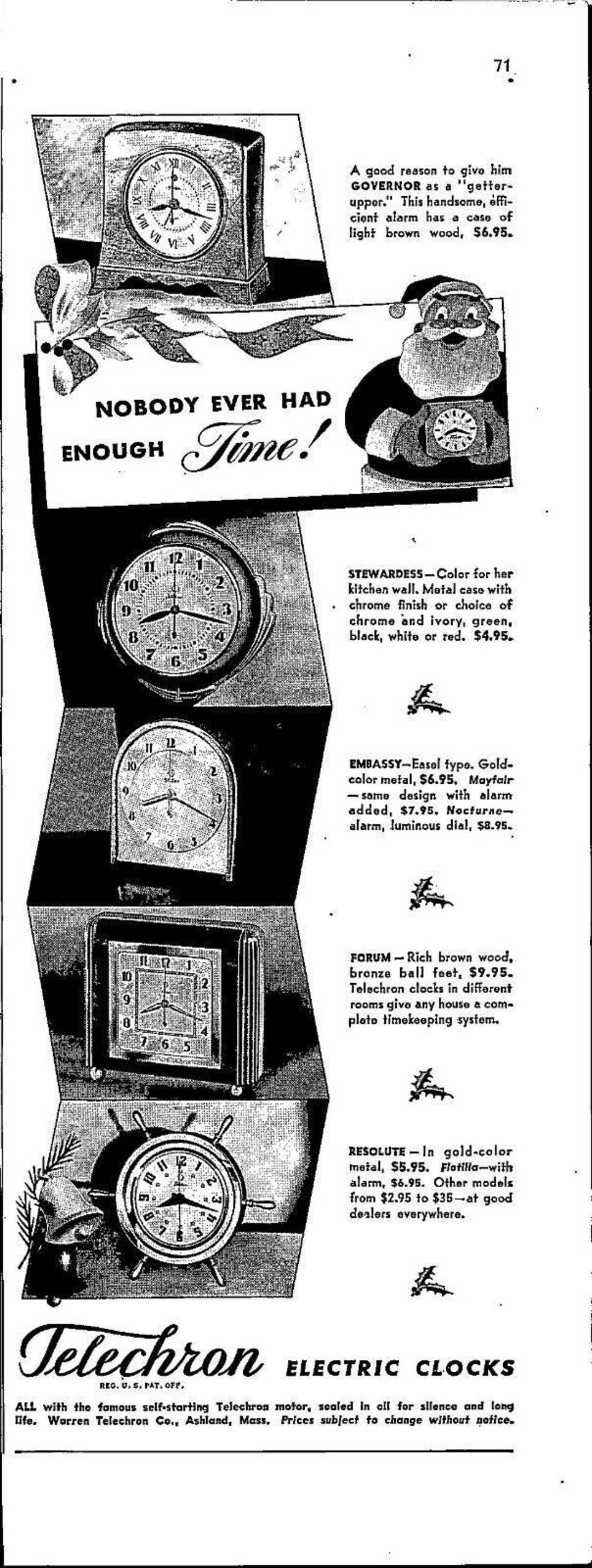 Vtg Print Ad Telechron Electric Clocks Santa Christmas Arm & Hammer ...