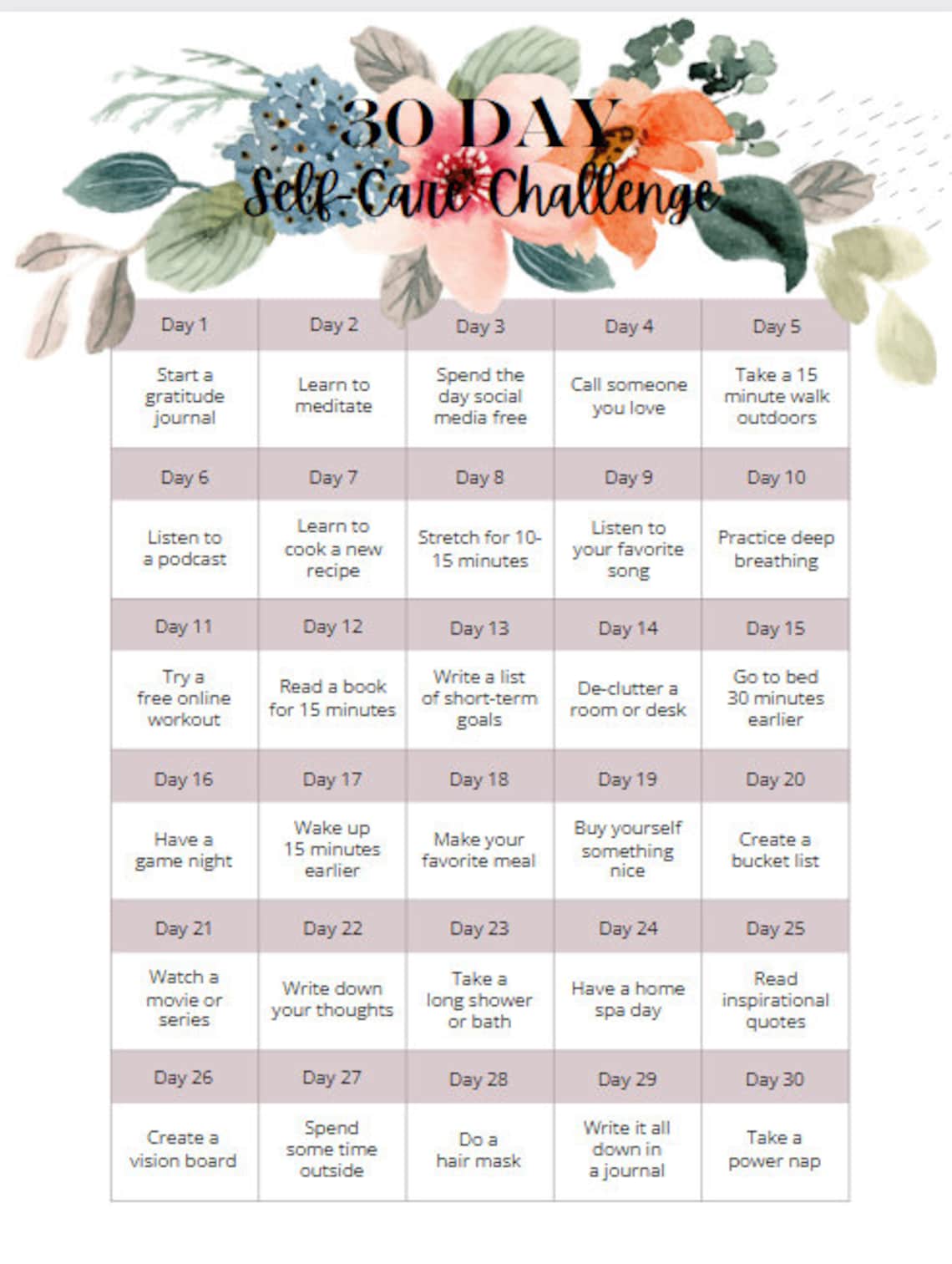 Self Care, 30 Day Challenge, Self Care Tracker, Planner - Etsy
