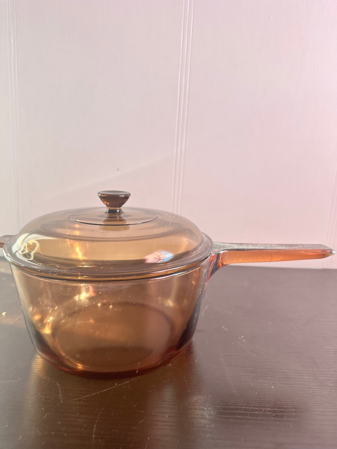 Vintage Corning Glass Cooking Pot W Lid 2.5L Handle Saucepan Smoked ...