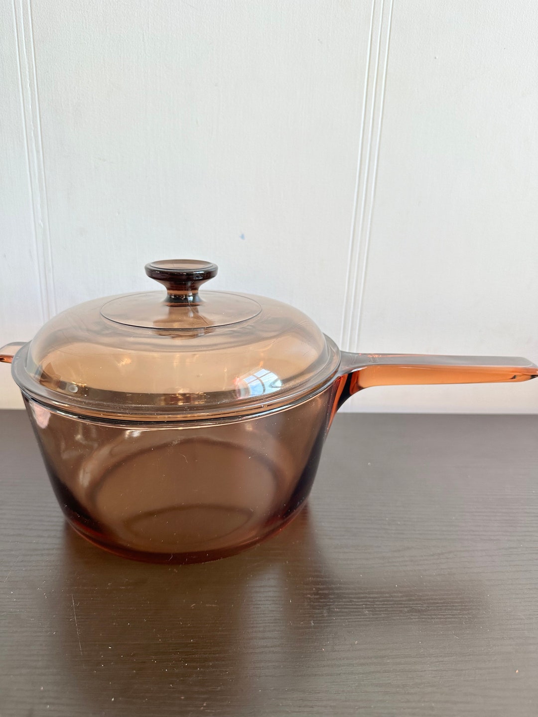 Vintage Corning Glass Cooking Pot W Lid 2.5L Handle Saucepan Smoked ...
