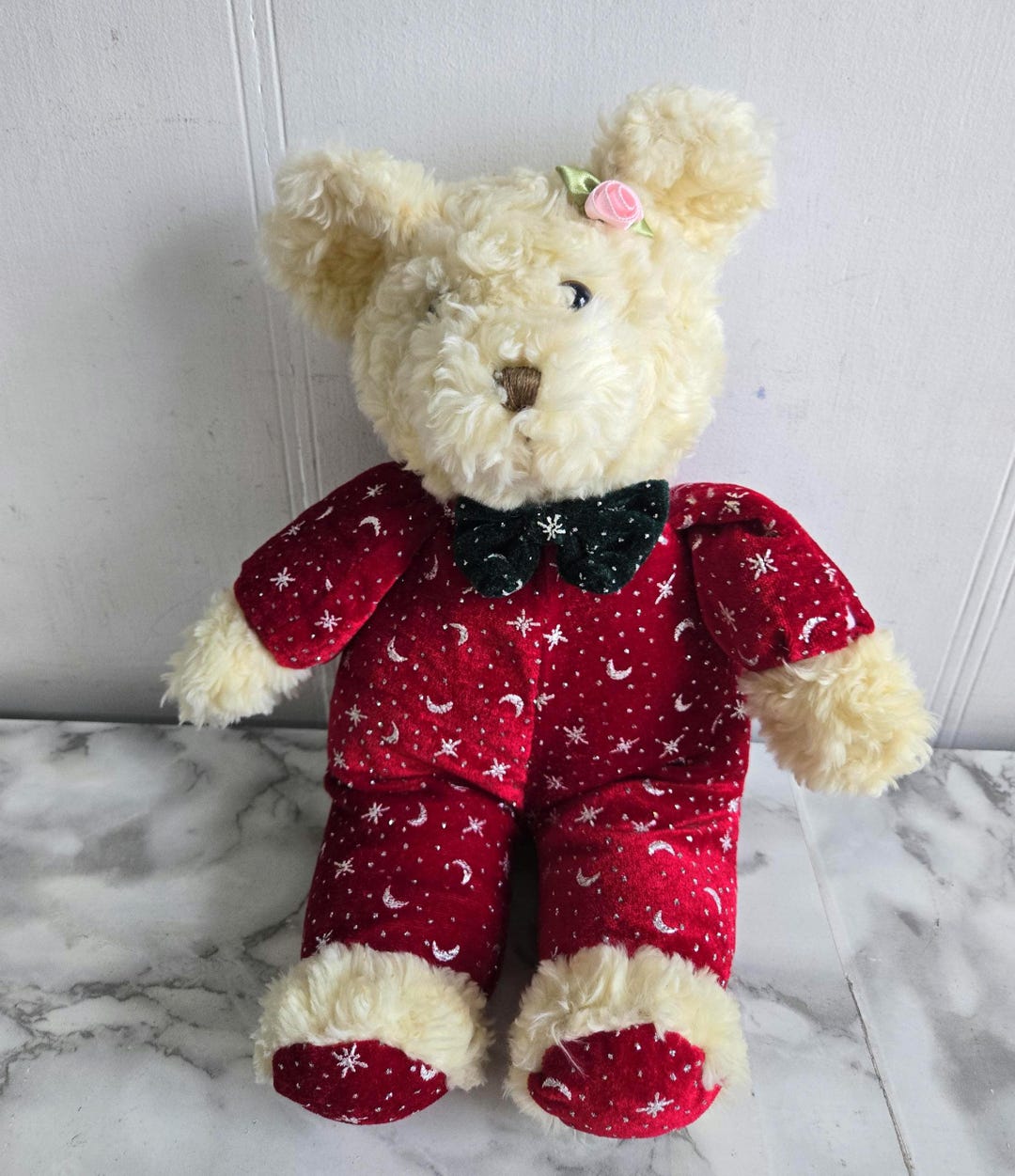 Vintage Red Teddy Bear Plush,green Bow Curly Hair Stuffed Animal ...