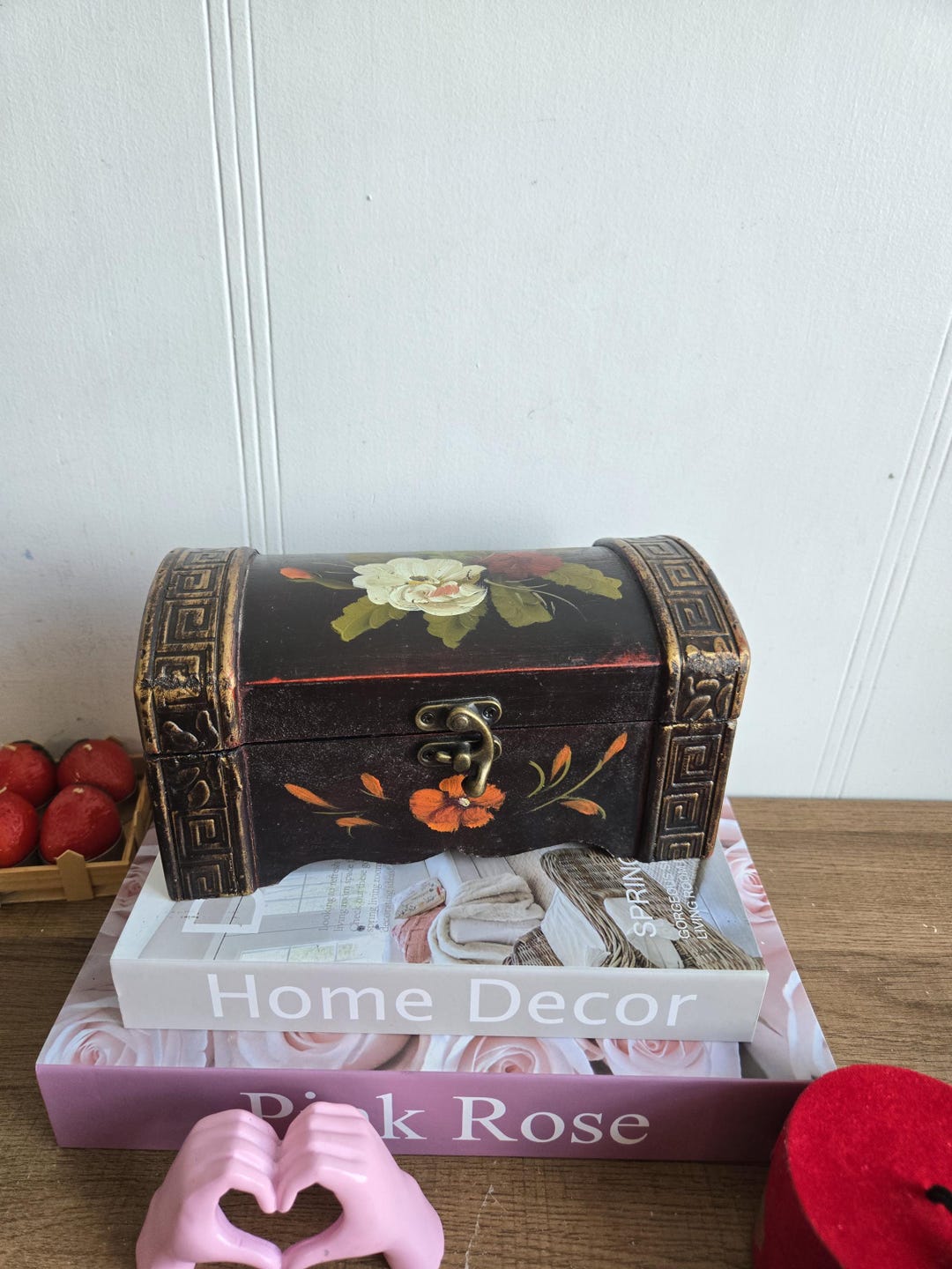 Vintage Treasure Chest Wood Lined Tole Large Box Folk Art Hand Painted ...
