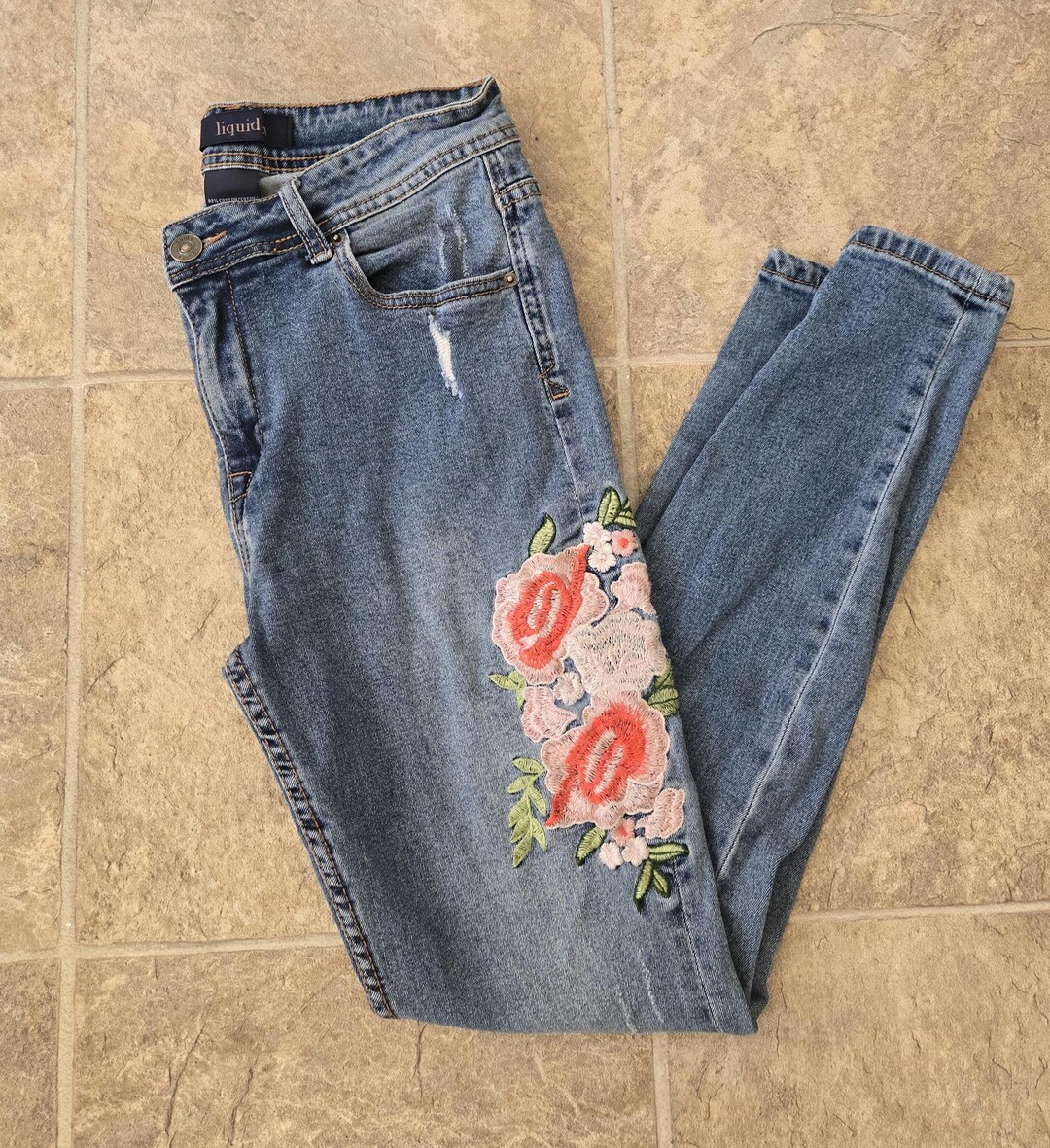 Vintage Embroidered Flowers Jeans, Womens Ripped Jeans, Rose ...