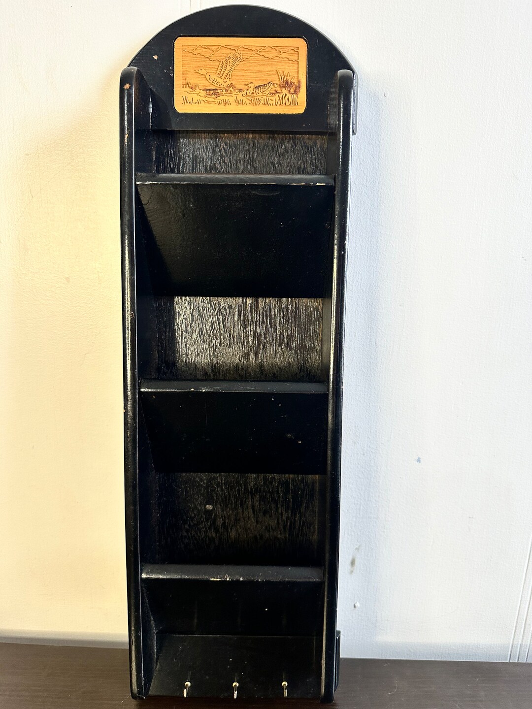 Vintage Wall Black Mounted Walnut Wood 3 Pocket Mail/letter Holder With ...