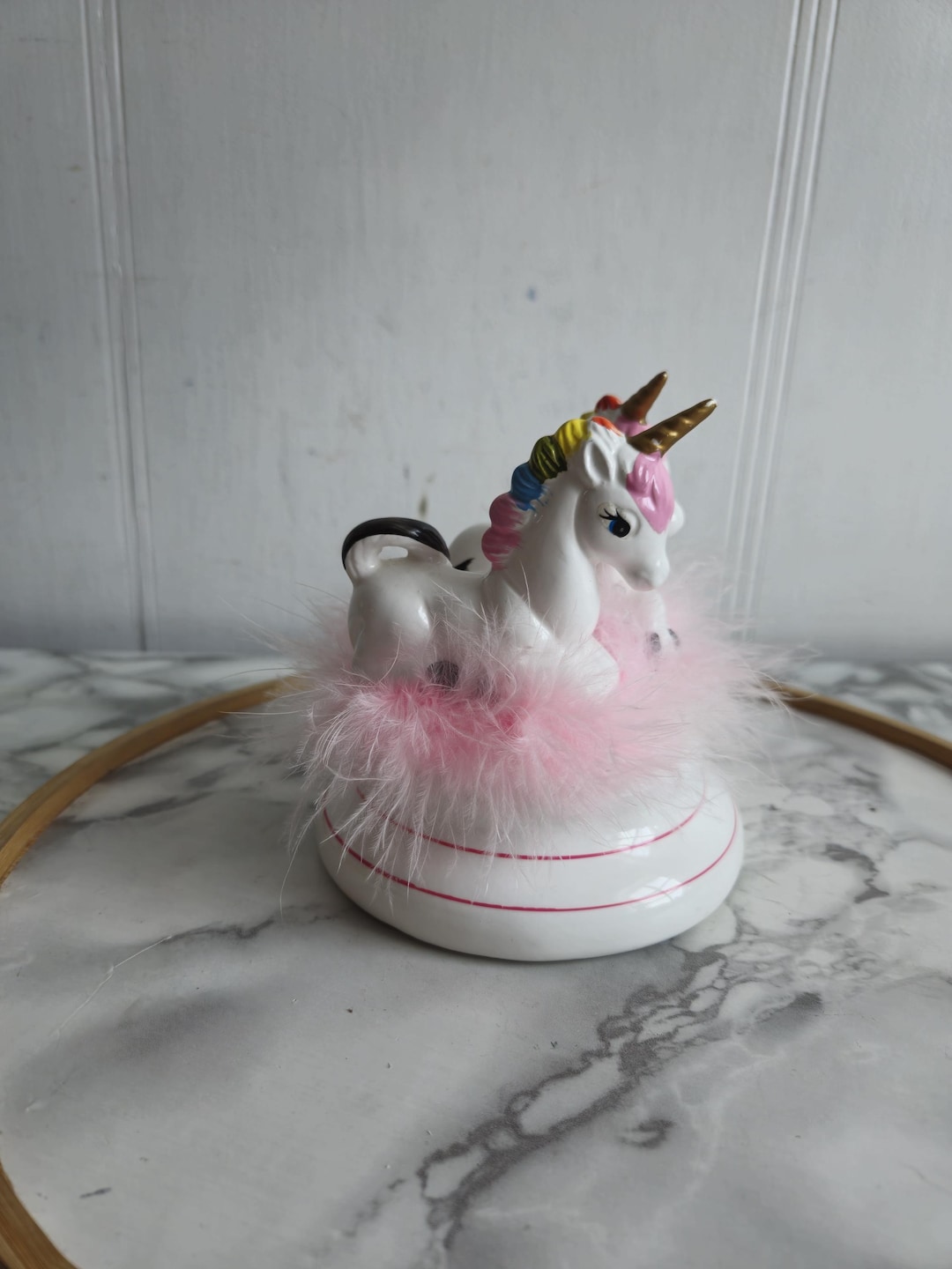 Vintage Ceramic Rainbow Trinket Box With Unicorn Lid Feathers Pink and ...