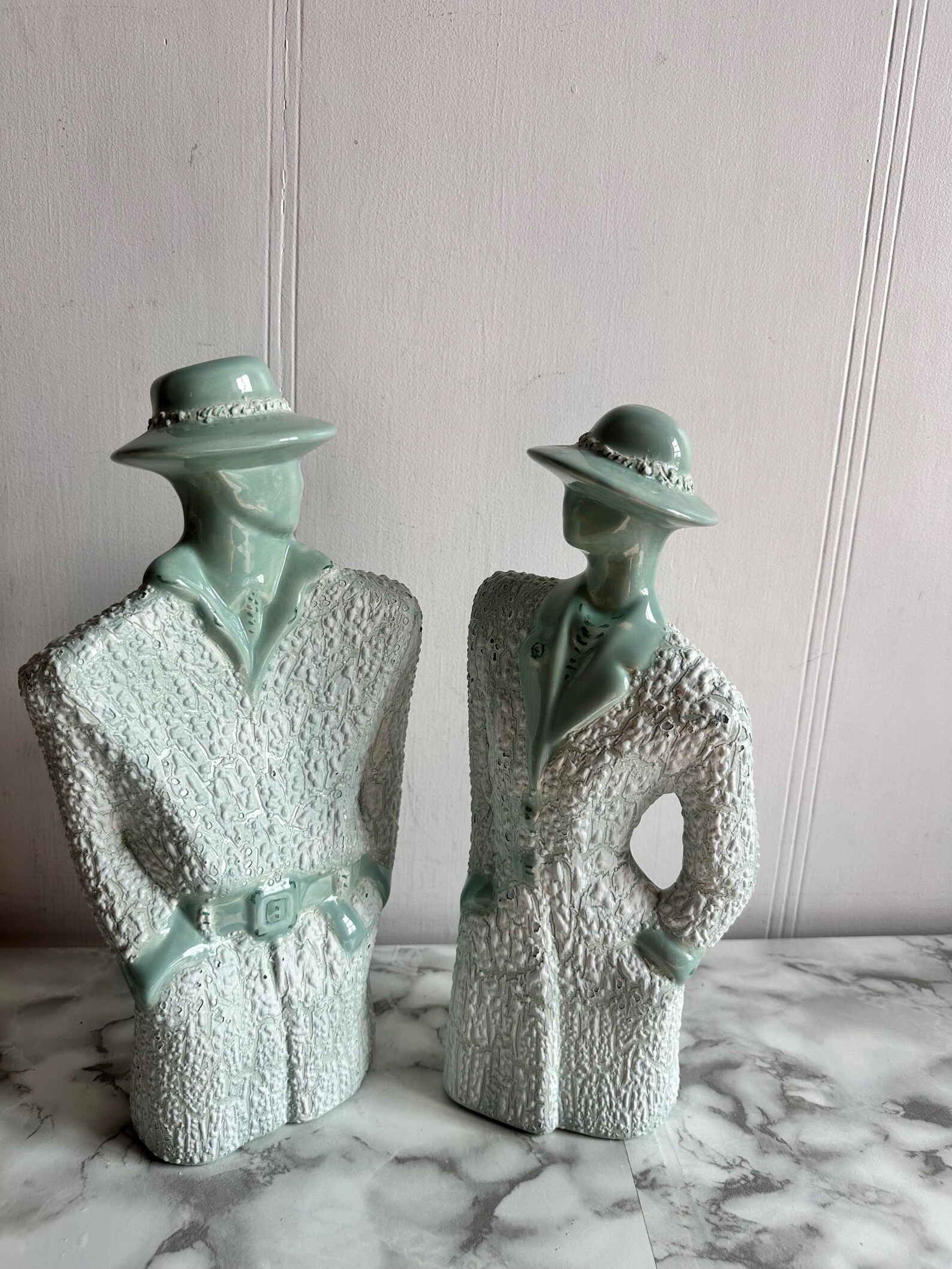 Vintage 80s Art Deco Style Light Green Ceramic Man and Woman Statues ...