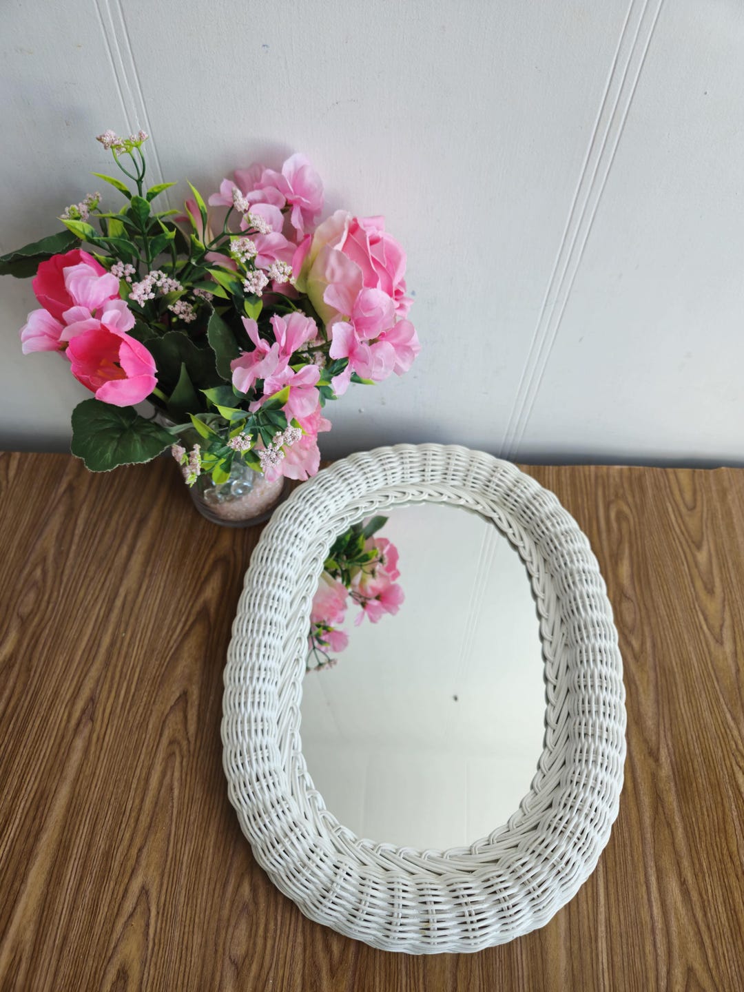 Vintage White Wicker Rattan Woven Mirror Wall Hanging Boho Boho 70's ...