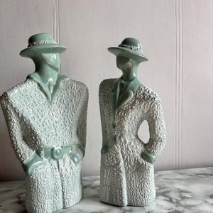 Vintage 80s Art Deco Style Light Green Ceramic Man and Woman Statues ...