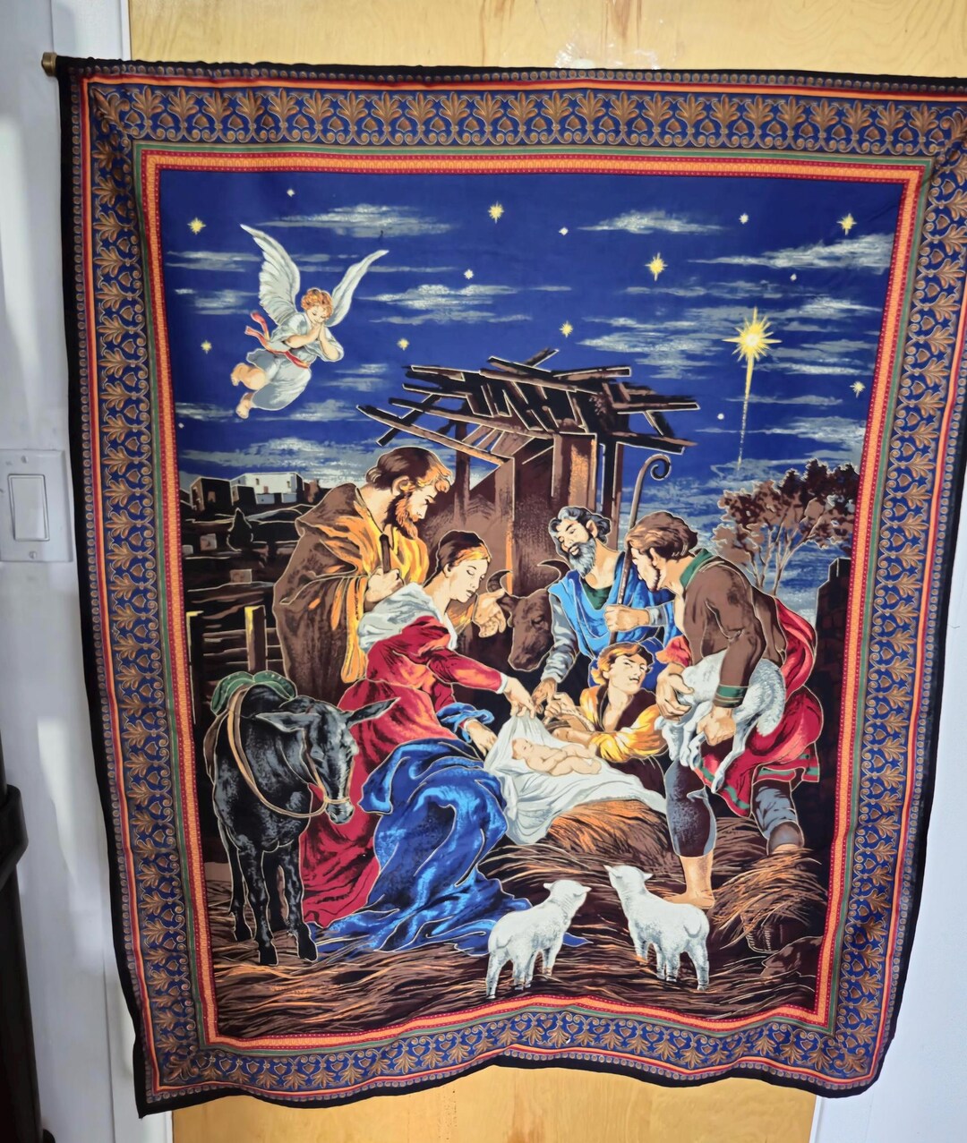 Vintage Religious Nativity Fabric Panel Baby , Mary, Joseph, Angel ...