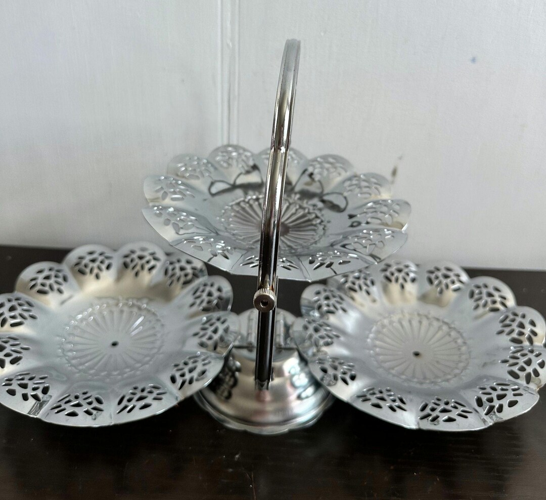 Vintage 3 Tier Folding Cake Stand Filigree Metal Carrying Plate Tiered