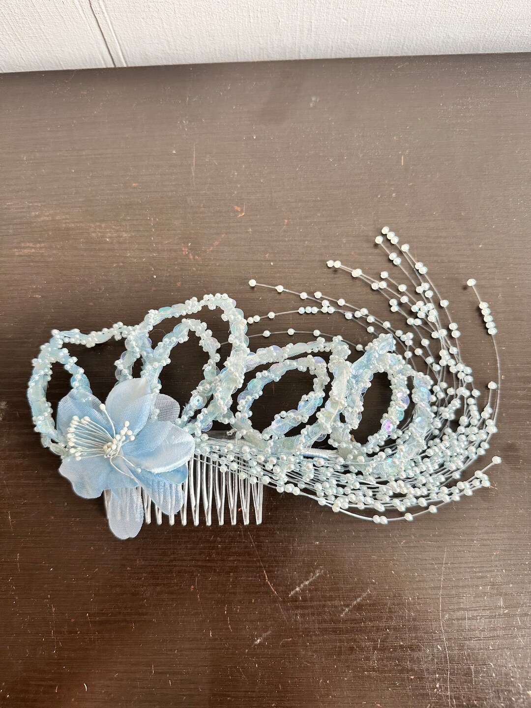 Vintage Bridal Pearl Comb Blue Floral 80s Wired Pearl Loops Hairpiece ...