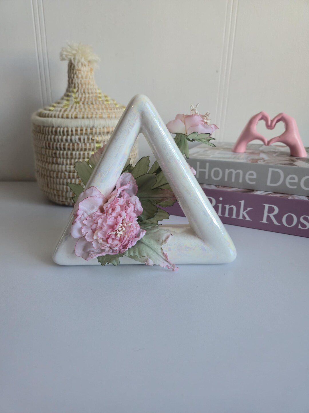Vintage Glazed White Ceramic Triangle With Pink Flower, Living Room ...