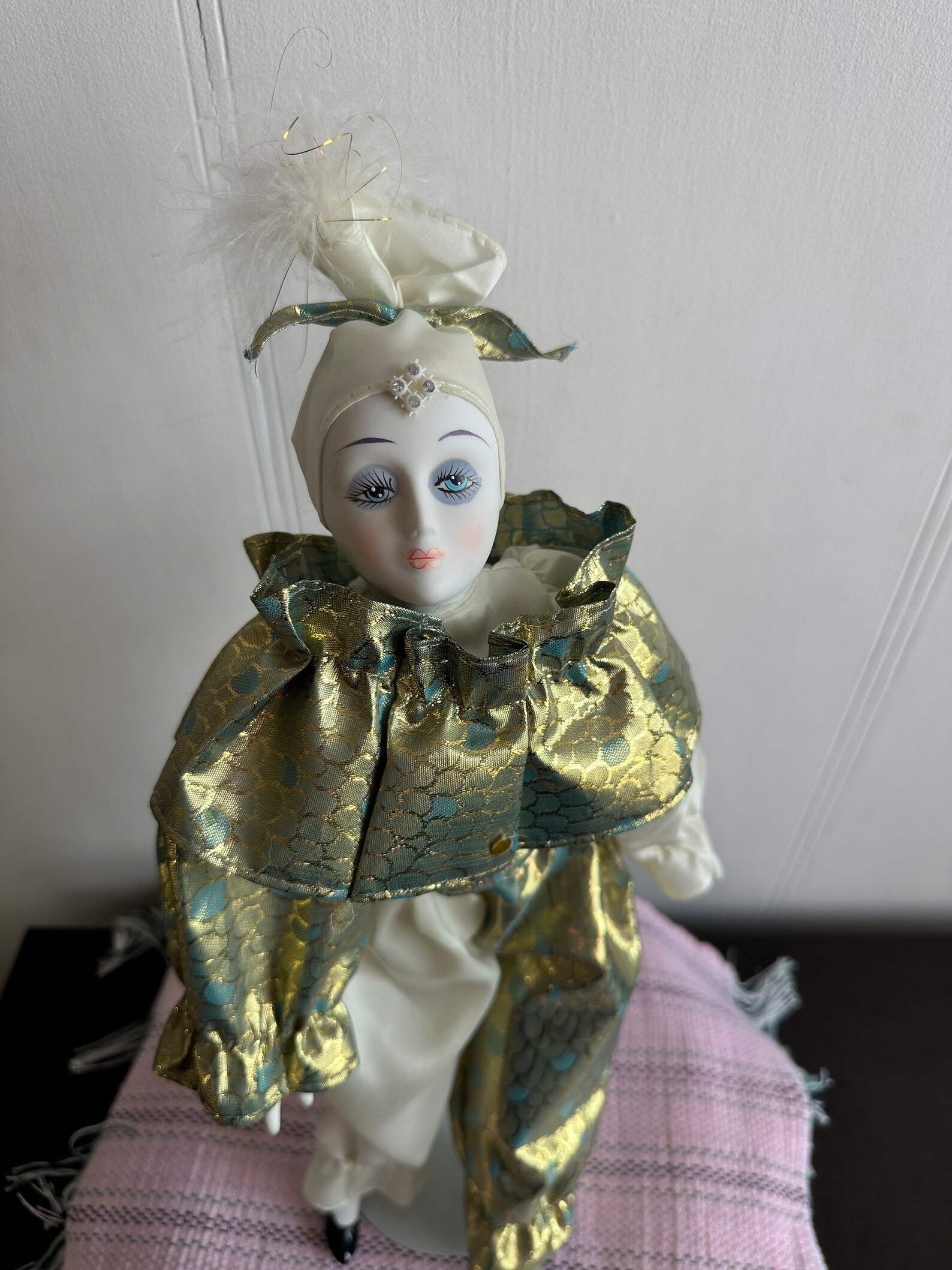 Vintage Pierrot Clown Doll Porcelain Head Arms Feet White & Golden ...