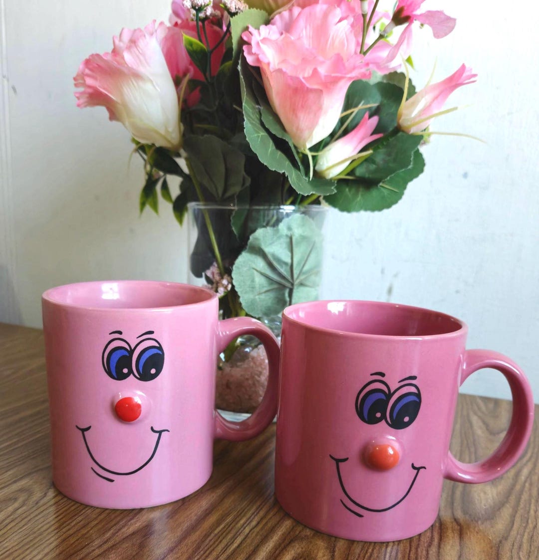 Set of 2 Vintage 2000s Pink Funny Face Mugs With Smiles ,retro ...