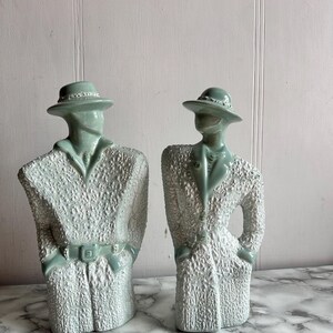 Vintage 80s Art Deco Style Light Green Ceramic Man and Woman Statues ...