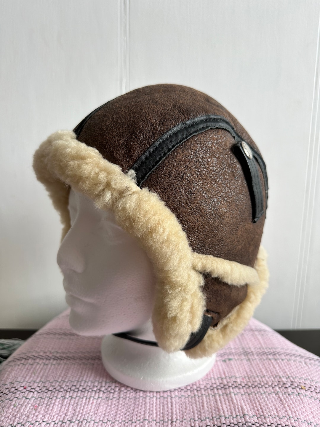 Vintage Men's Sherling Sheepskin Pilot Aviator Trapper Hat Flying Cap ...