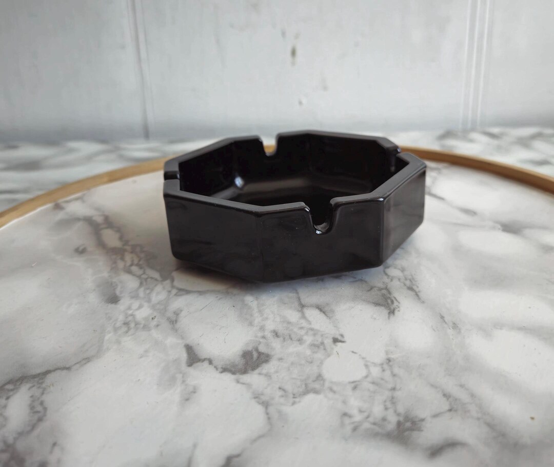 Vintage Octagon Shaped Opaque Black Glass Ashtray, Faceted Object ...