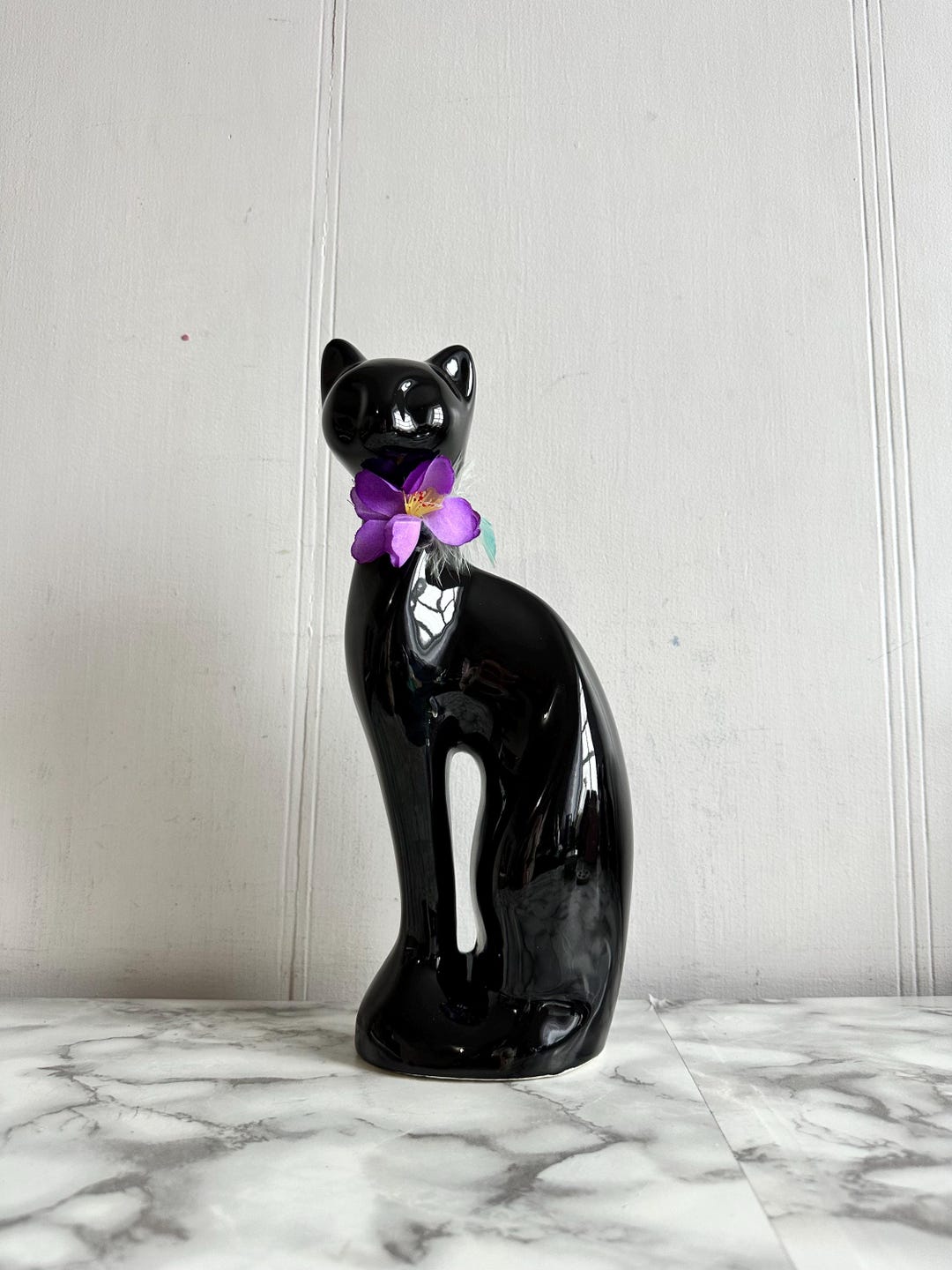 Vintage Black Cat Statue Figurine Black Ceramic Cat Figurine , Mid ...