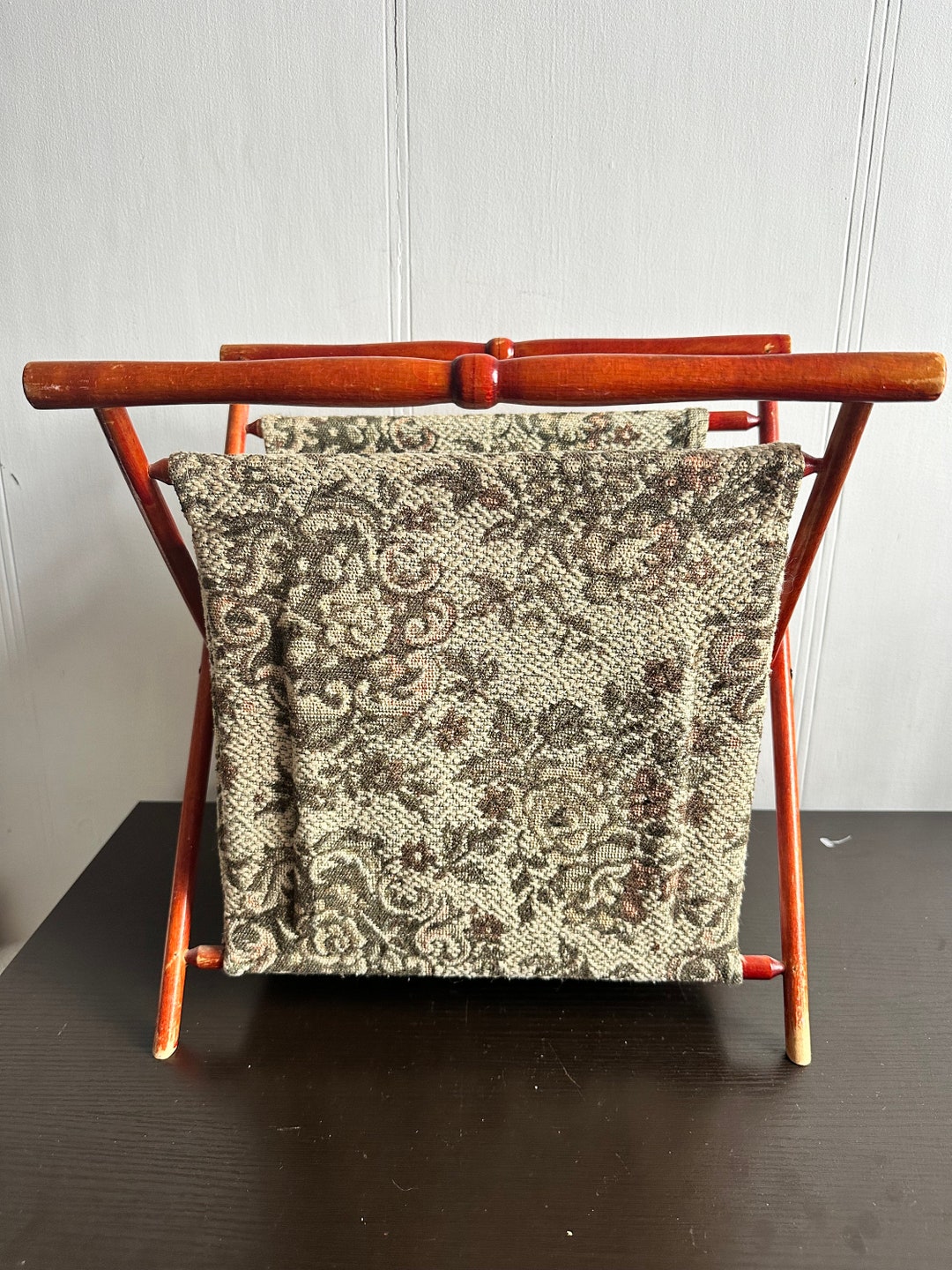 Vintage Folding Knitting Bag Wood & Floral Fabric Sewing Notion ...