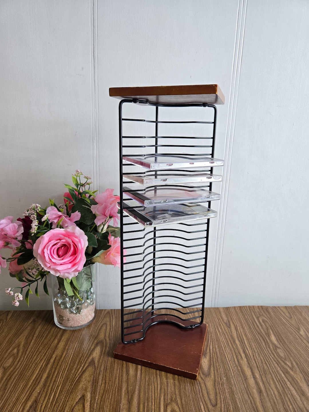Vintage Compact Disc Holder in Wood and Metal Holds 28 Cds Audio CD ...