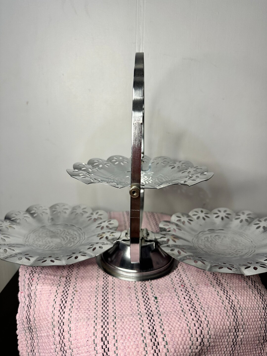 Vintage Three Tier Folding Cake Stand Filigree Metal Carrying Plate ...