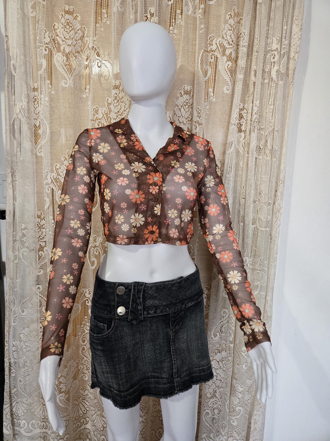 Vintage Floral Mesh Bell Sleeve Top of 70s Croc Tops , Boho Disco ...