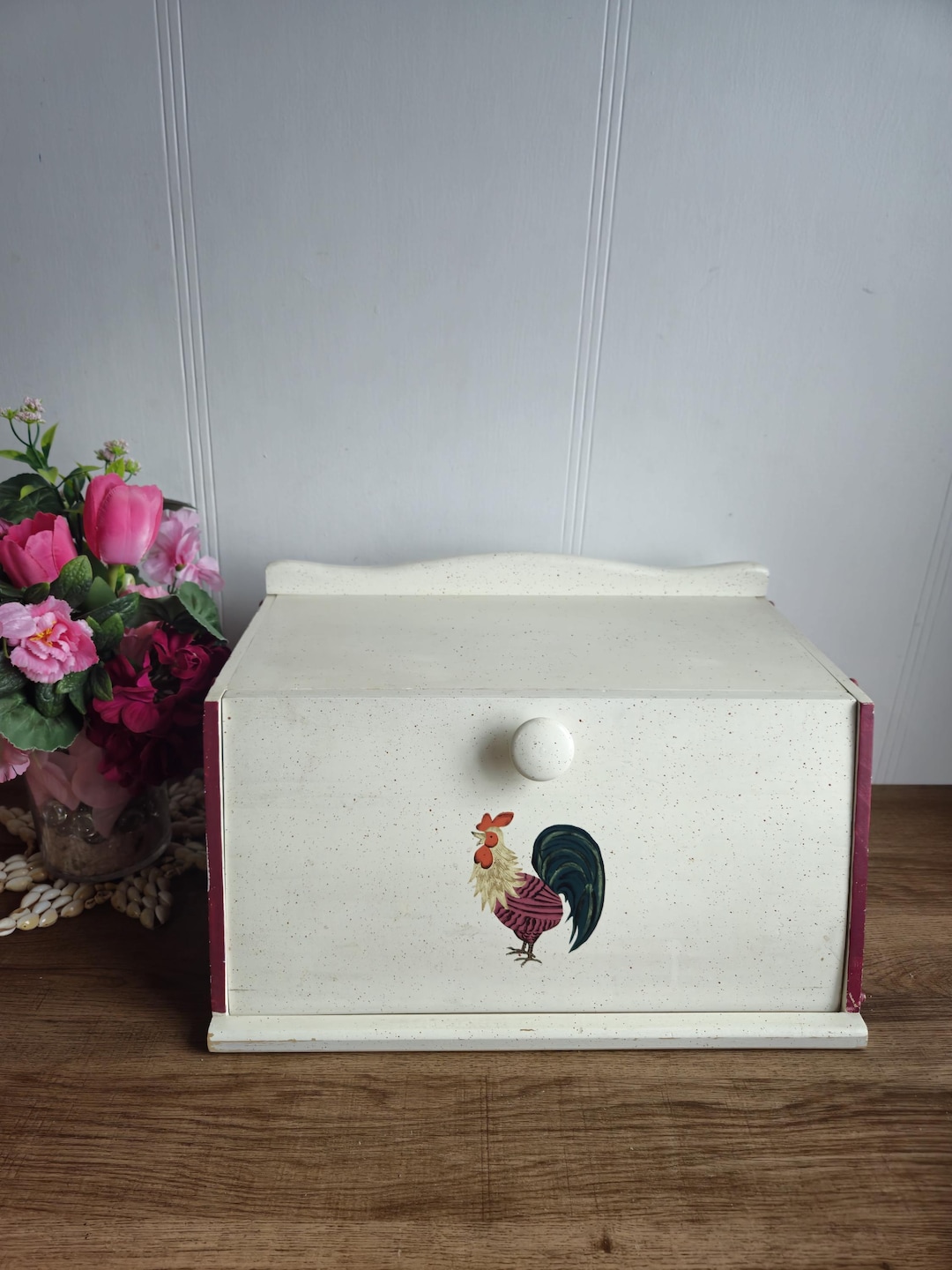 Vintage White Bread Box With a Brightly Colored Rooster Artistically ...