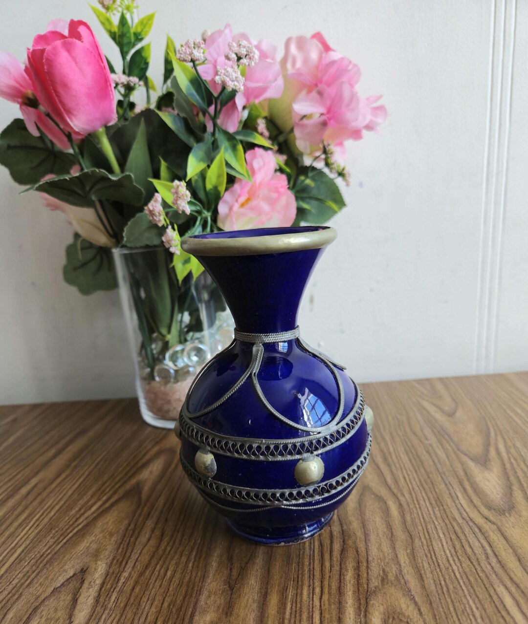 Vintage Moroccan Cobalt Blue Art Pottery Vase Geometric Decorative ...