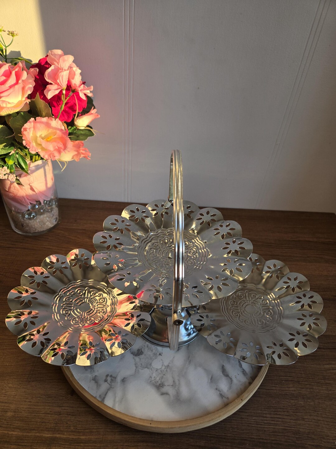 Vintage 3 Tier Folding Cake Stand Filigree Metal Carrying Plate Tiered