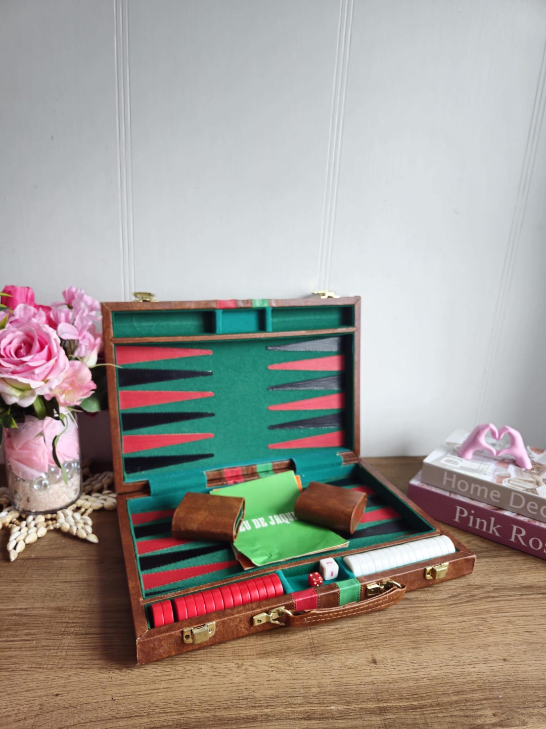 Vintage Full Size Backgammon Set - Brown Leather Case With Red and ...