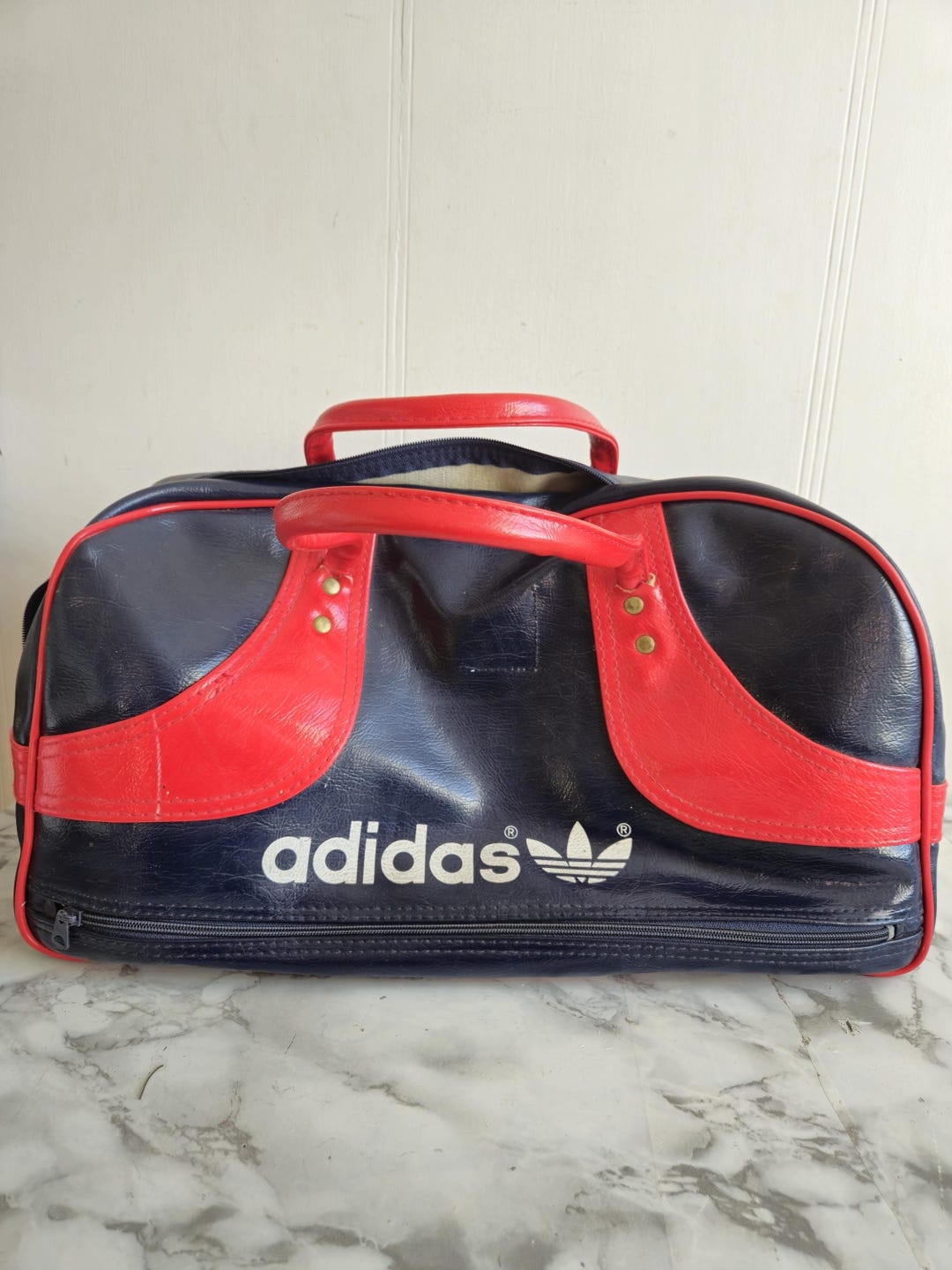 Vintage Adidas Duffle Bag, Navy Blue and Red Leather Accents Circa 1975 ...