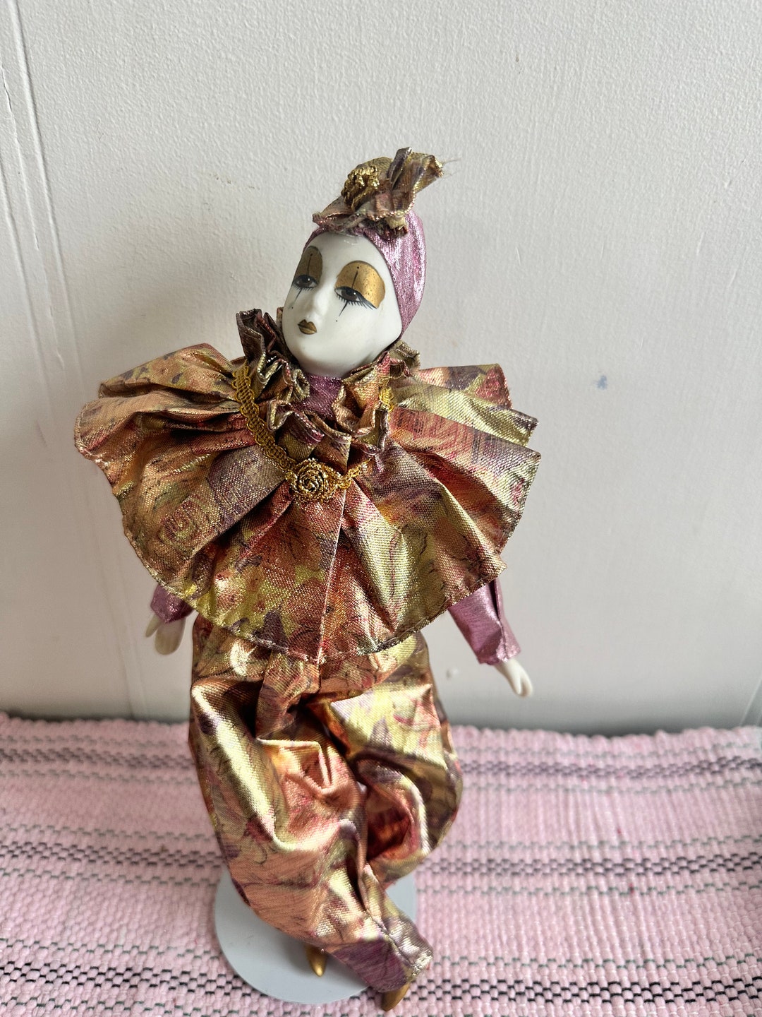 Vintage Pierrot Clown Doll Porcelain Head Arms Feet Pink & Golden ...