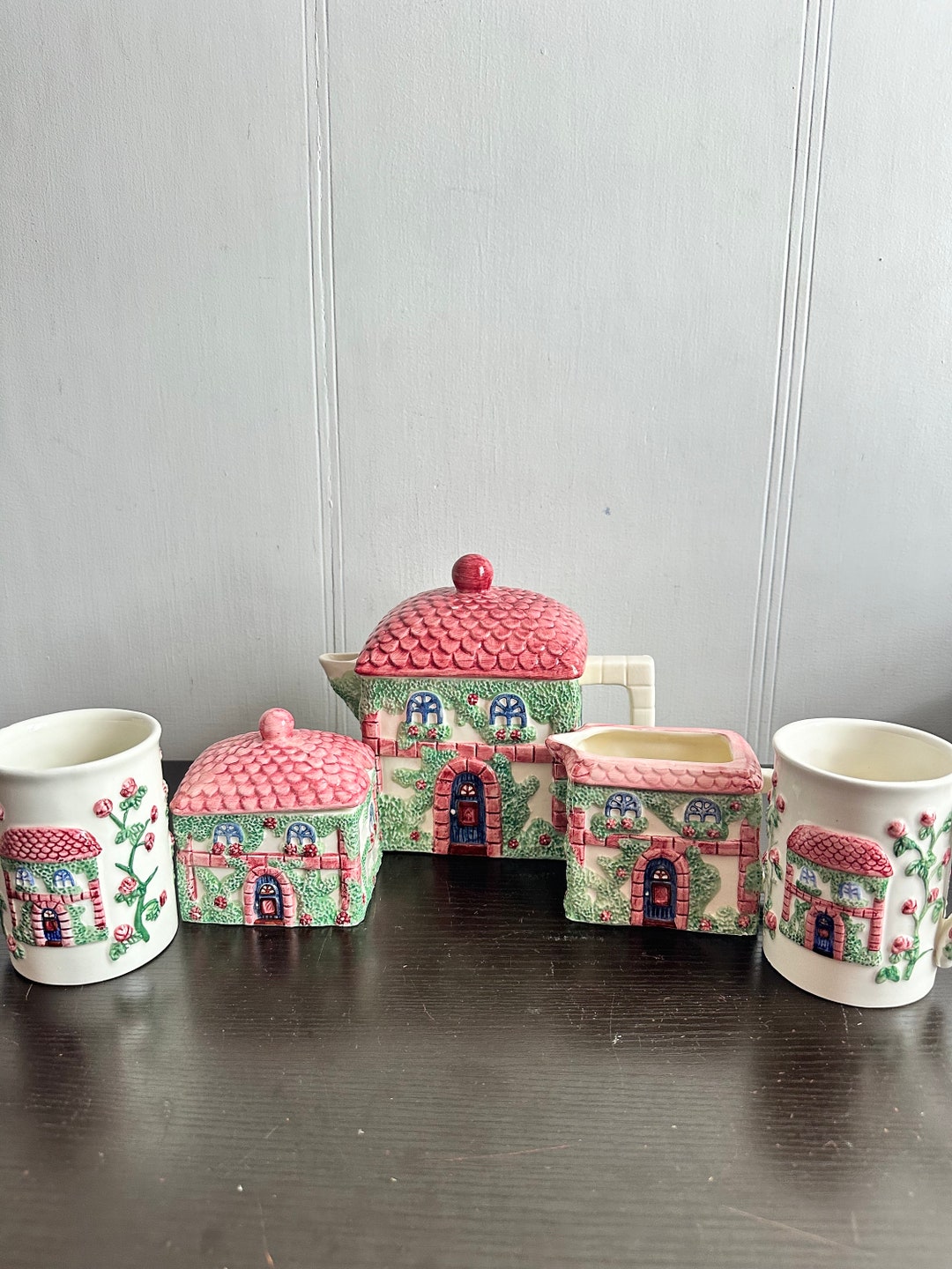 Vintage Avon House Tea Pot, Pink House Ceramic Tea Set, Teapot, Sugar ...