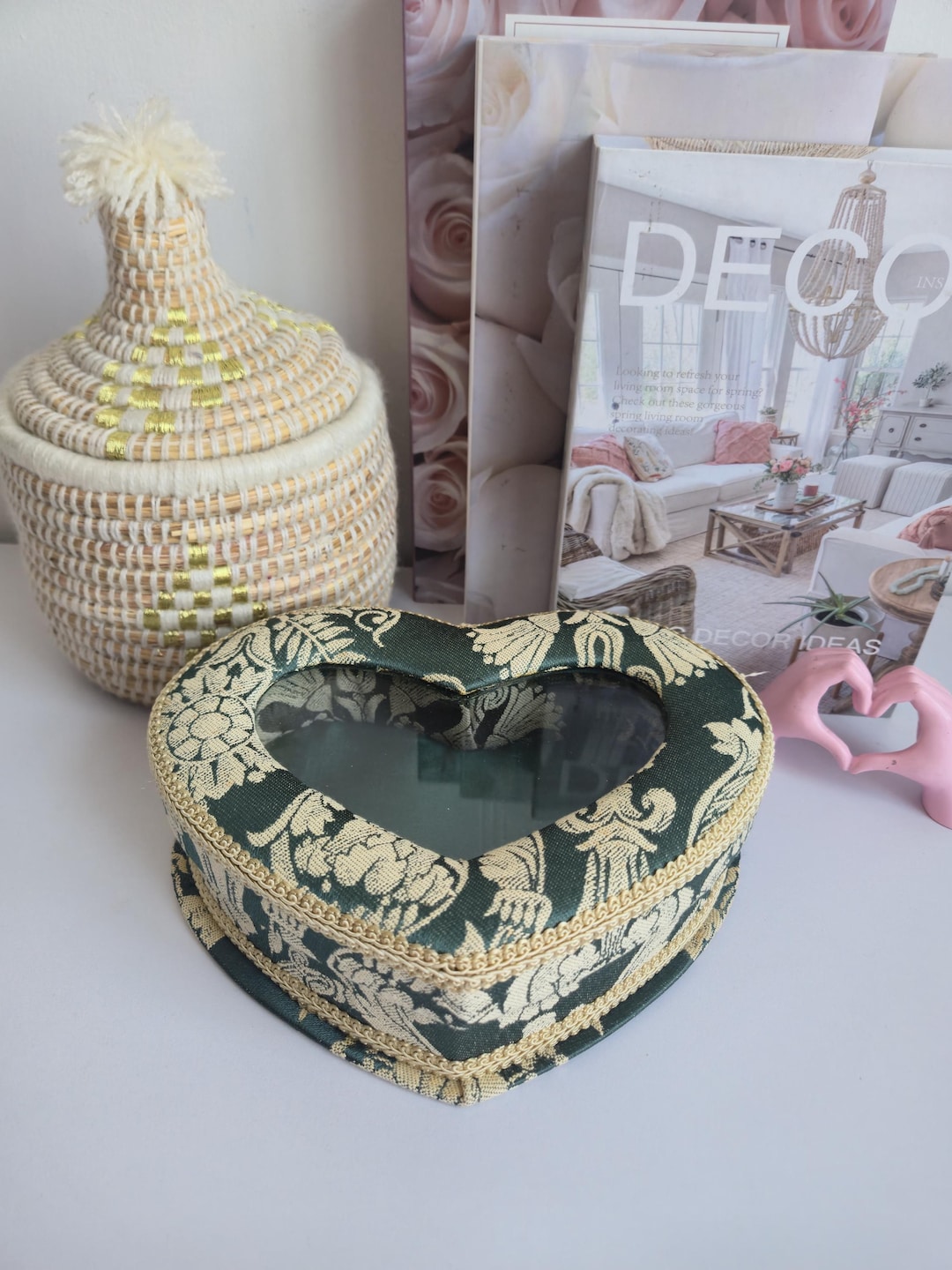 Vintage Heart Shaped Sewing Box Storage Box , Floral Fabric Covered ...
