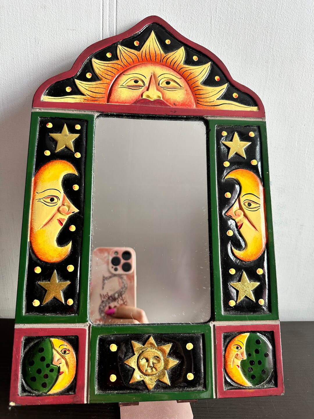 Vintage celestial wooden wall mirror carved sun moon stars colorful ...