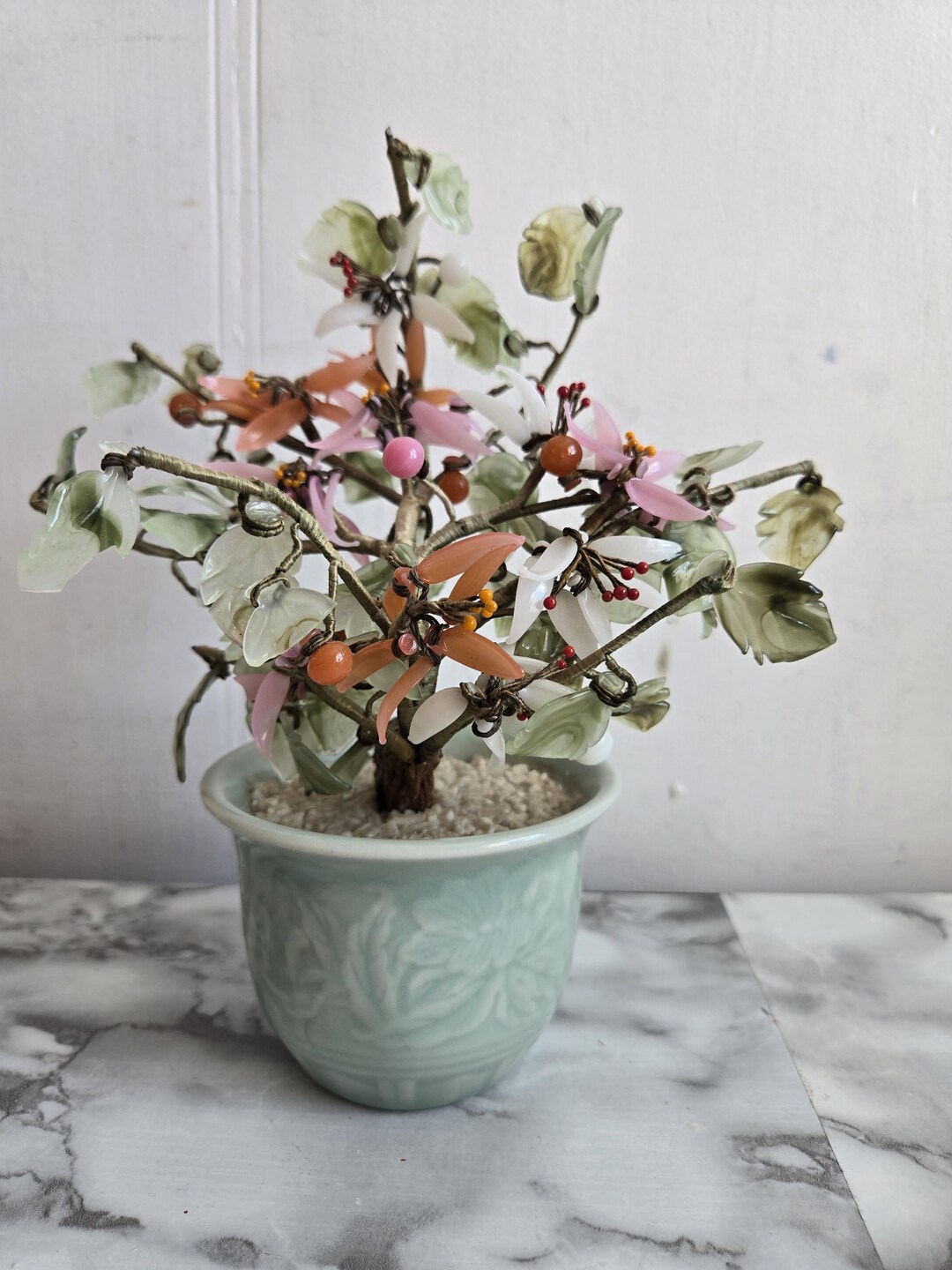 Vintage Flower Tree Bonsai Jade Rose Quartz Glass Stones - Etsy