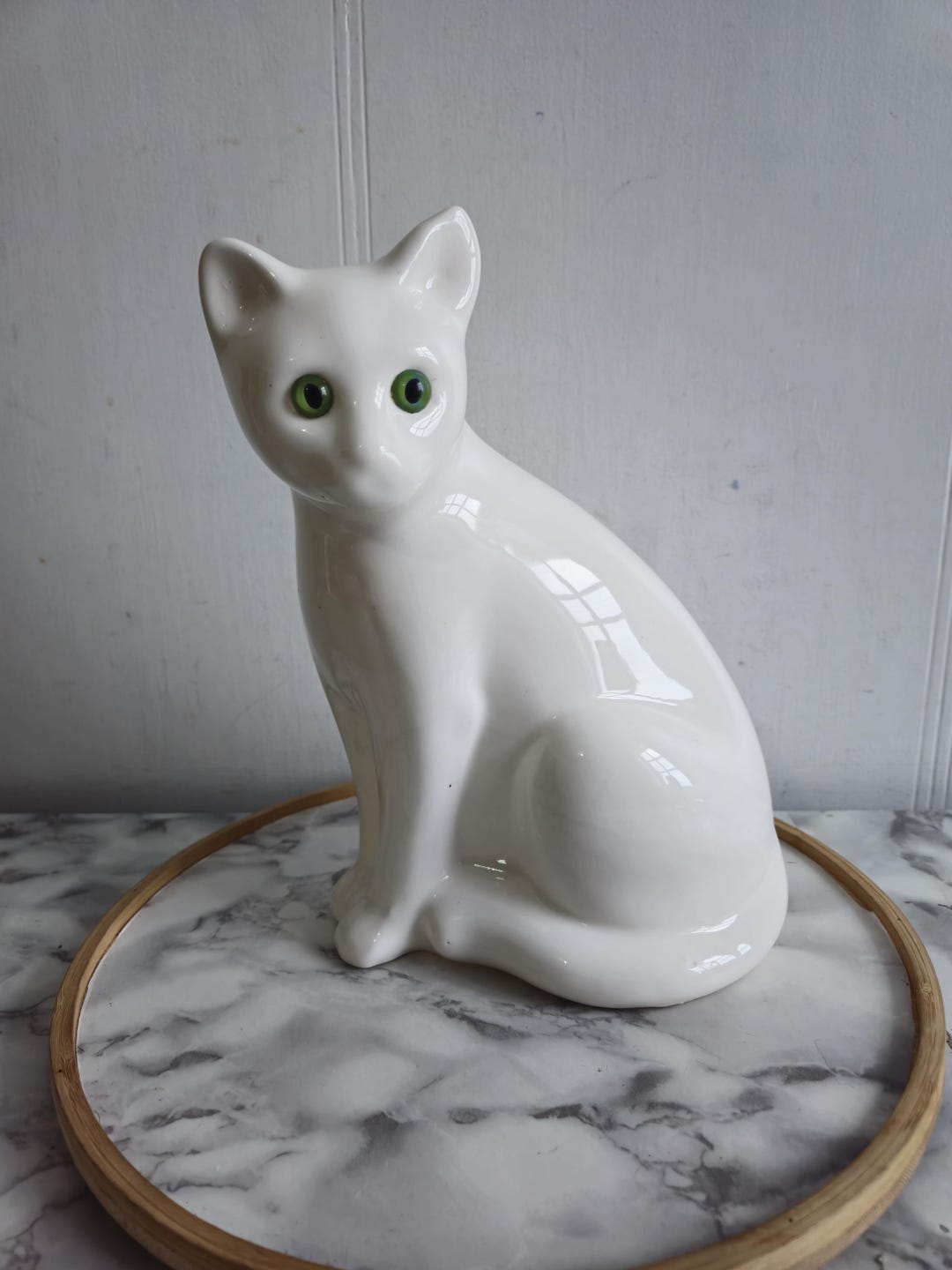 Vintage Large White Cat Statue, Green Eyed Cat Figurine - Kitty Cat ...