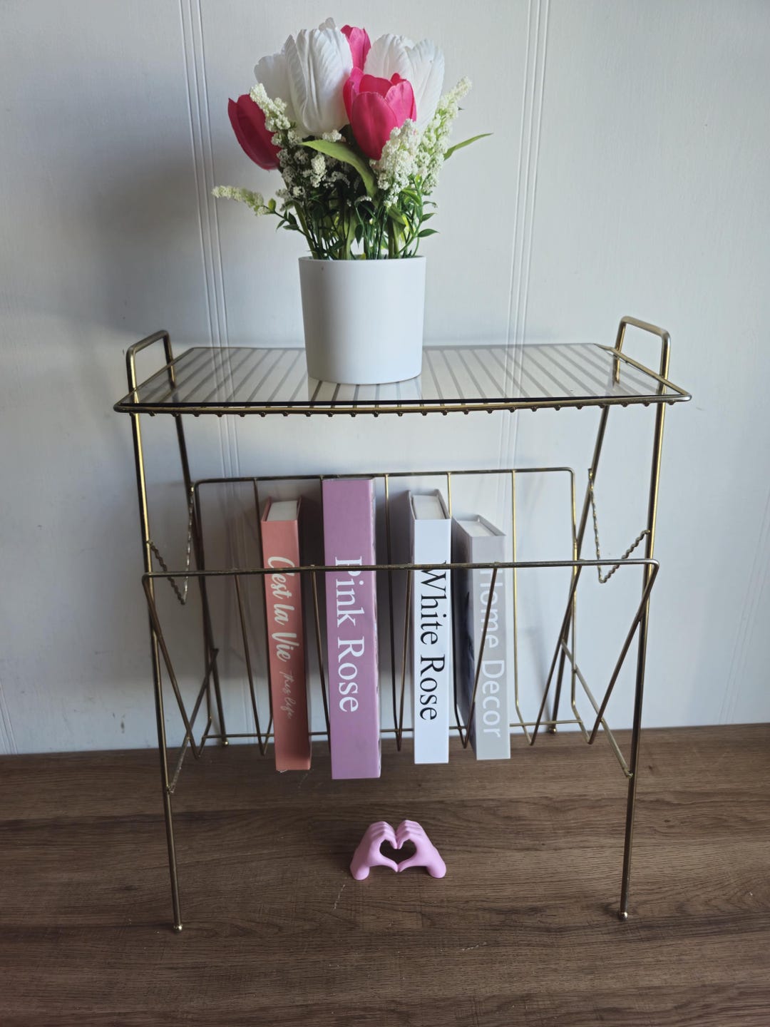 Vintage Mid Century Goldtone Metal Wire Record Player Stand Record ...