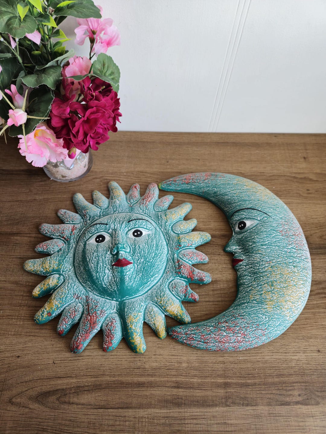 Set of Vintage Mexican Pottery Sun and Moon, Handmade Wall Hanging ...