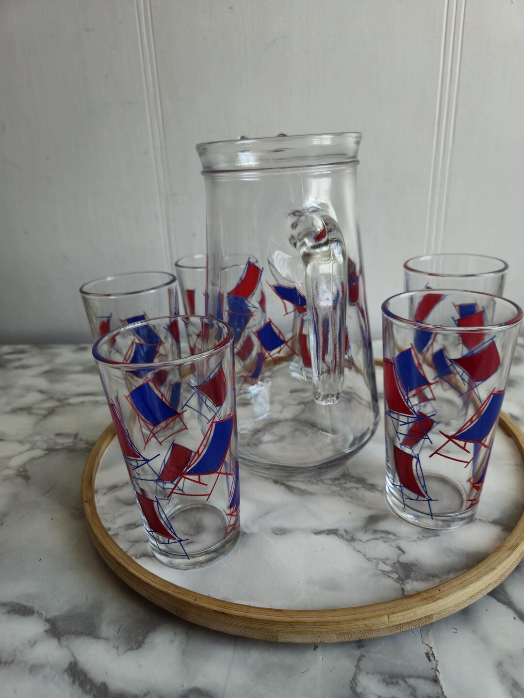 Rare Vintage Lemonade Jug & Six Tall Tumbler Glasses Set - Red and Blue ...