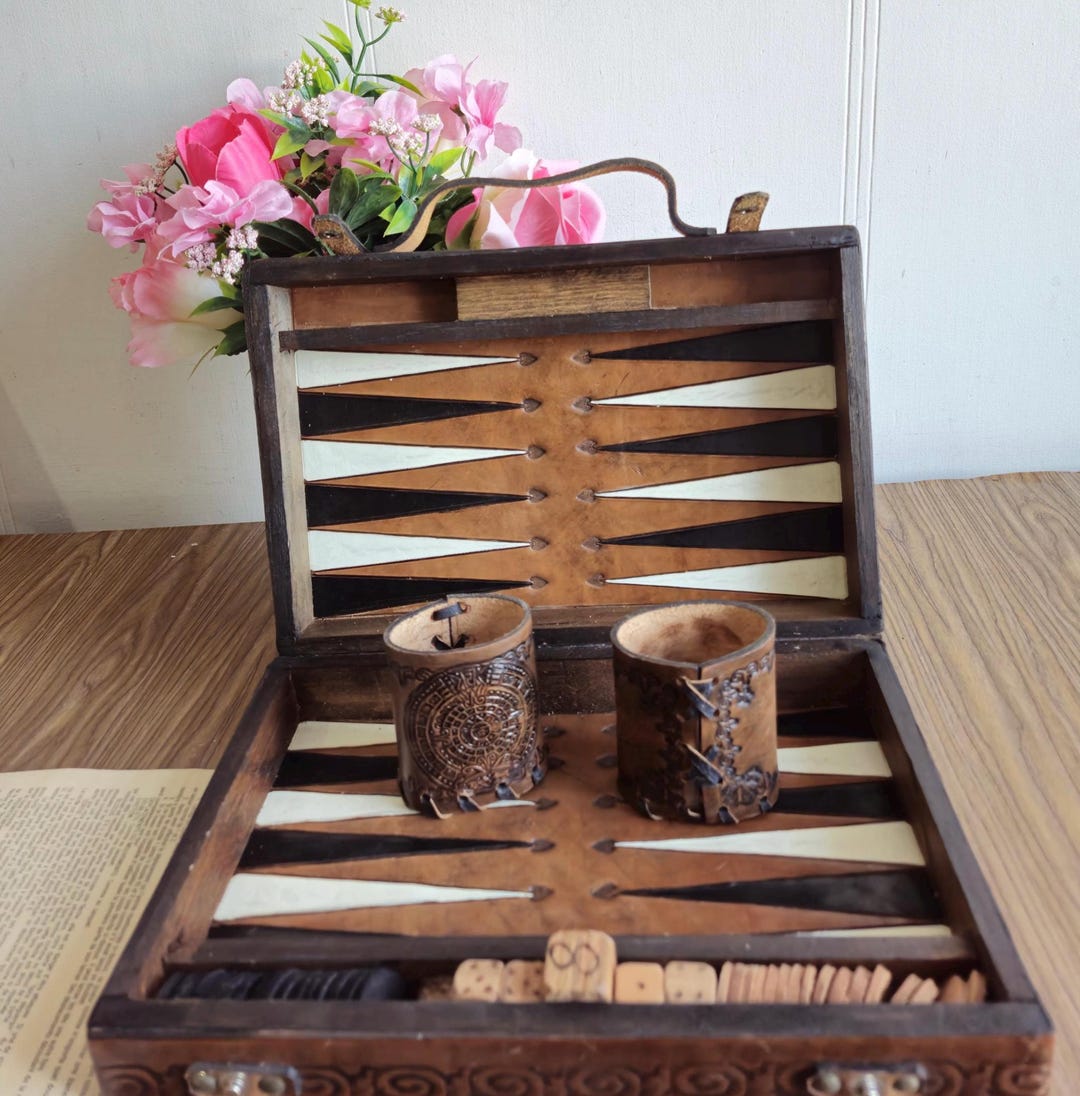 Vintage Backgammon Set Tooled Leather Made in Mexico Aztec Maya Latinx Library Boho Explorer ...