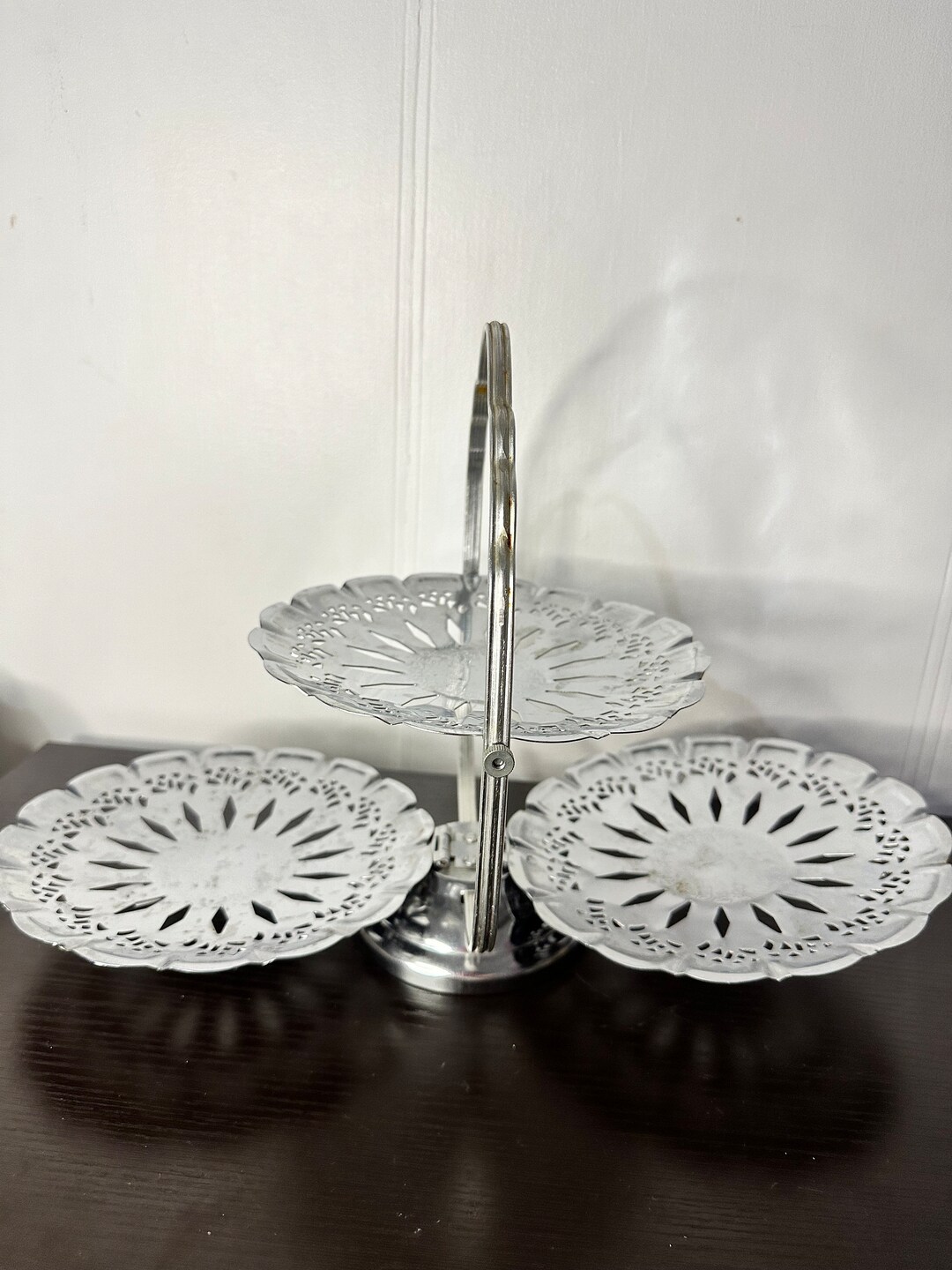 Vintage Three Tier Folding Cake Stand Filigree Metal Carrying Plate ...