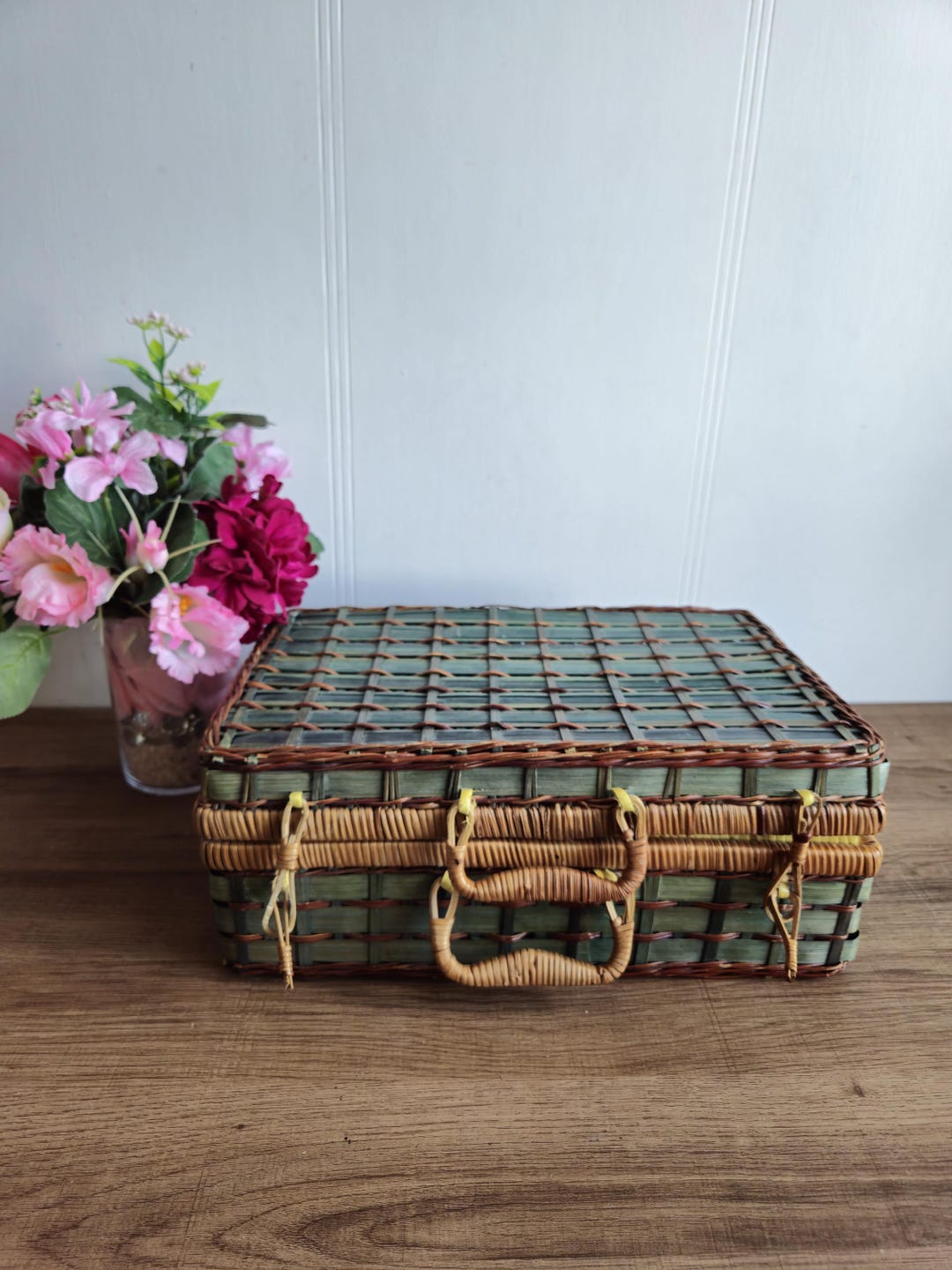 Vintage Green Wicker Picnic Basket,basket, Storage Wicker Briefcase ...